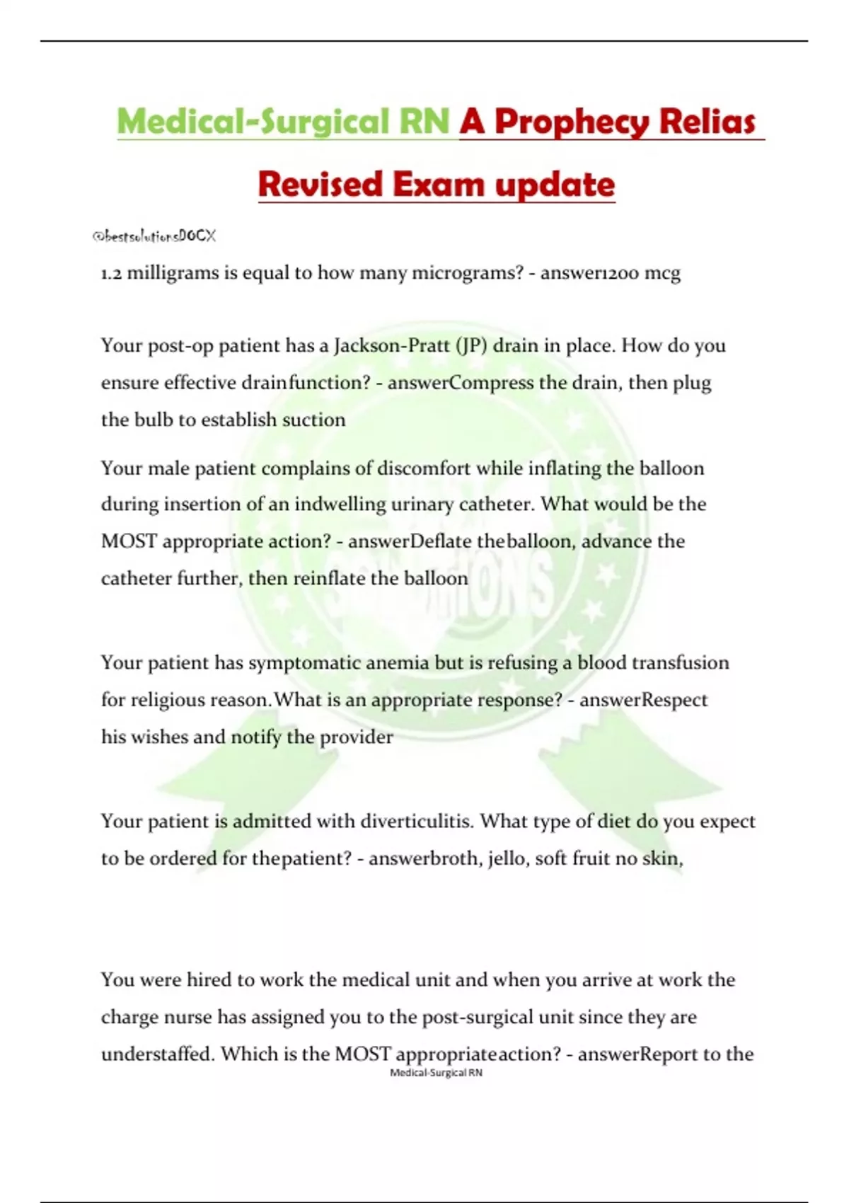 Medical-Surgical RN A Prophecy Relias Revised Exam update - PORTAGE ...