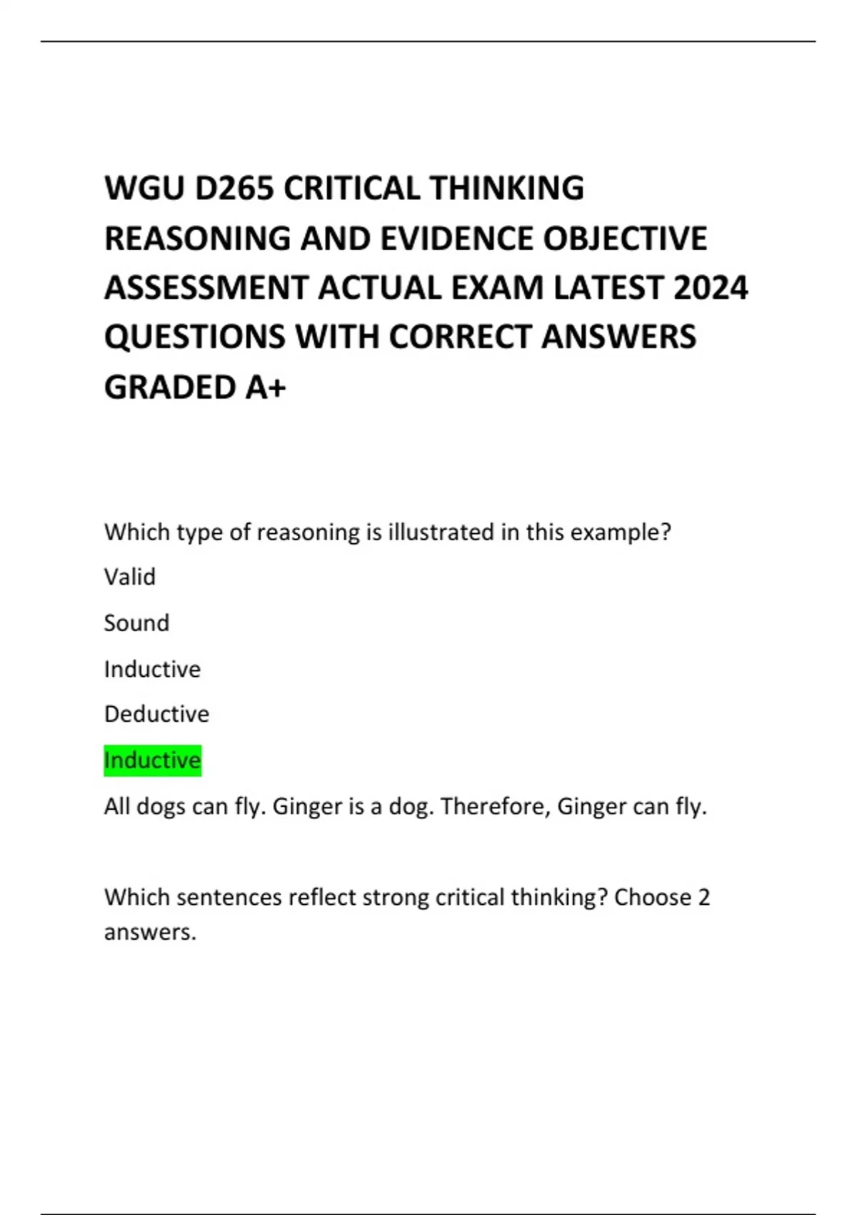 WGU D265 CRITICAL THINKING REASONING AND EVIDENCE OBJECTIVE ASSESSMENT ...