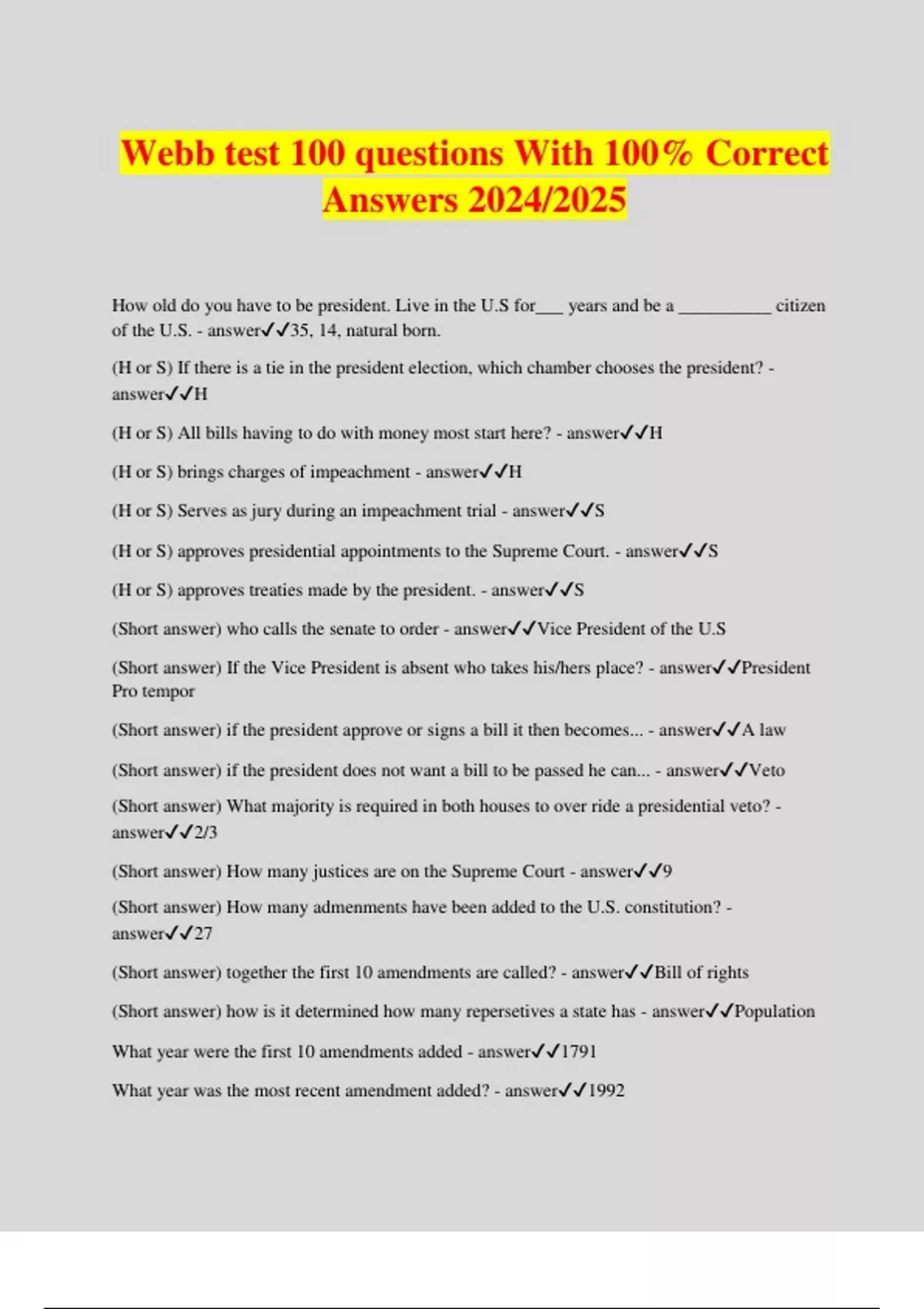 Webb test 100 questions With 100% Correct Answers 2024/2025 - Webb ...