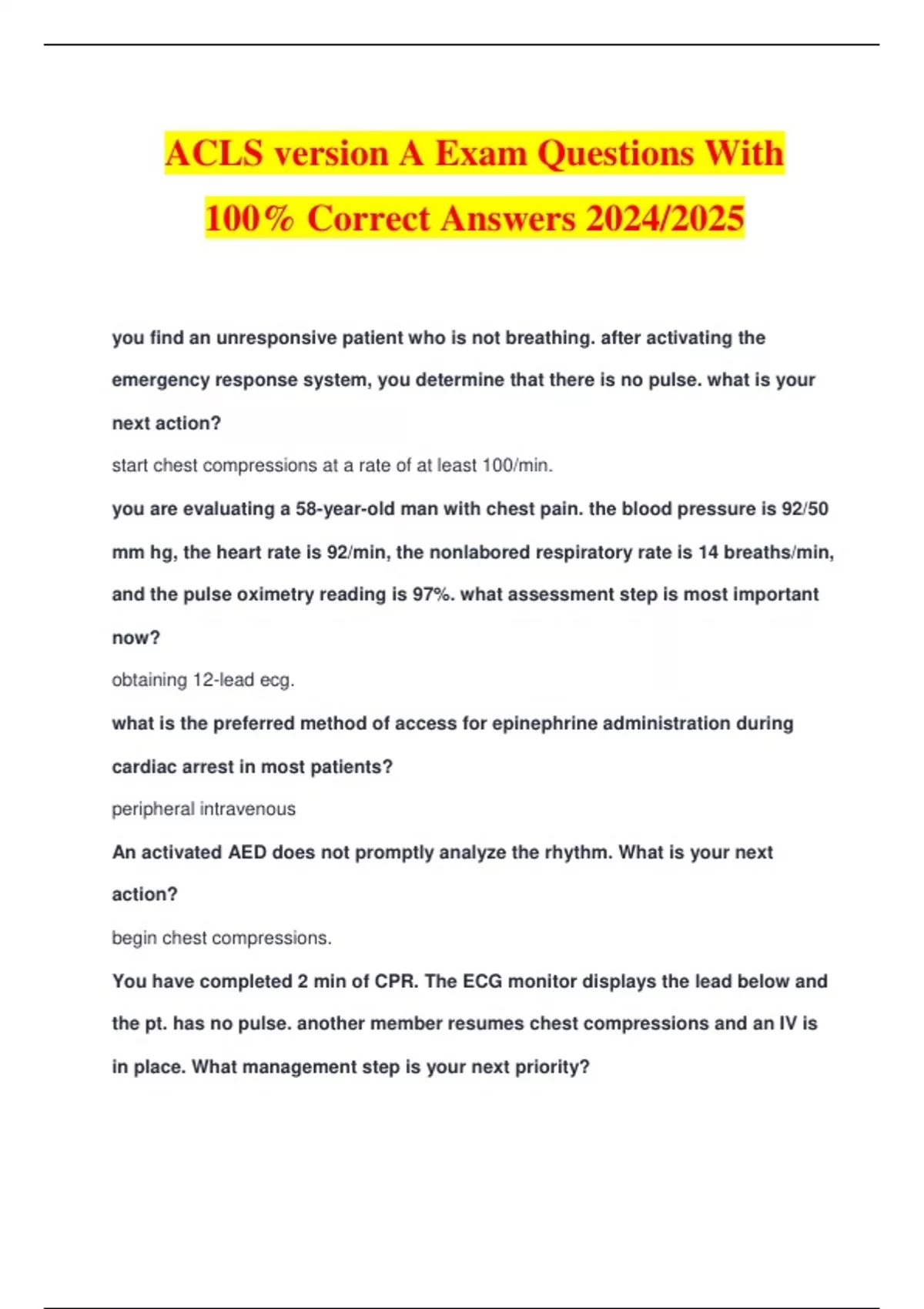 ACLS version A Exam Questions With 100% Correct Answers 2024/2025 ...