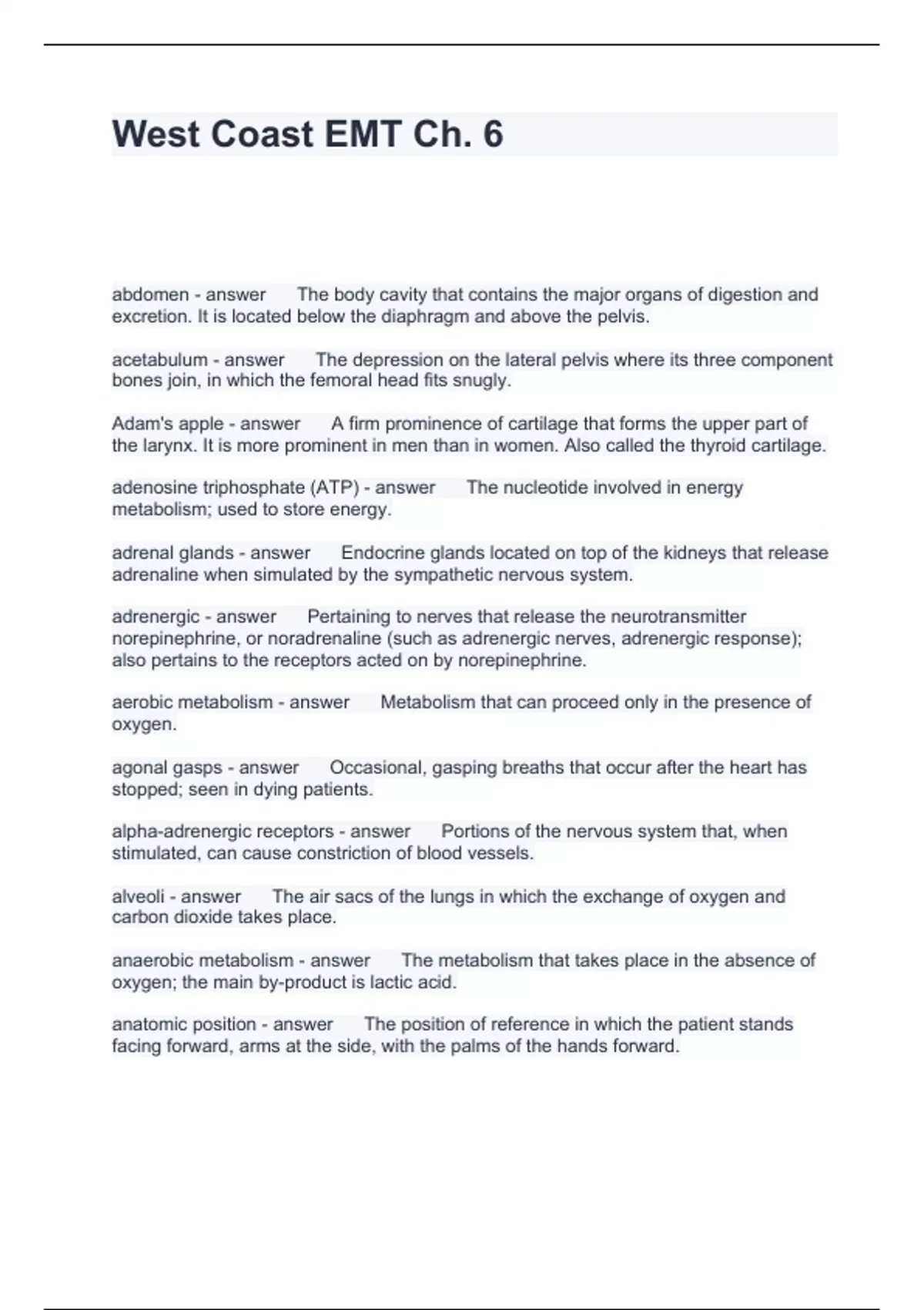 West Coast EMT Ch. 6 Questions and Answers 2024 - West coast Emt - Stuvia US