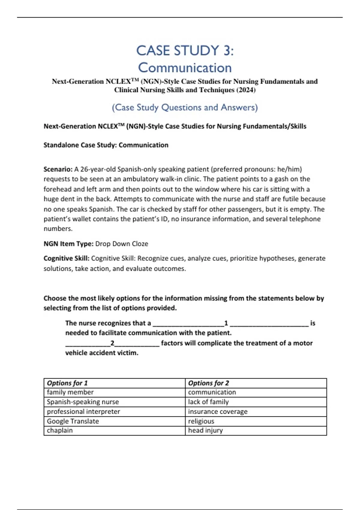 Case study 3: Communication Next-Generation NCLEXTM (NGN)-Style Case Studies for Nursing ...