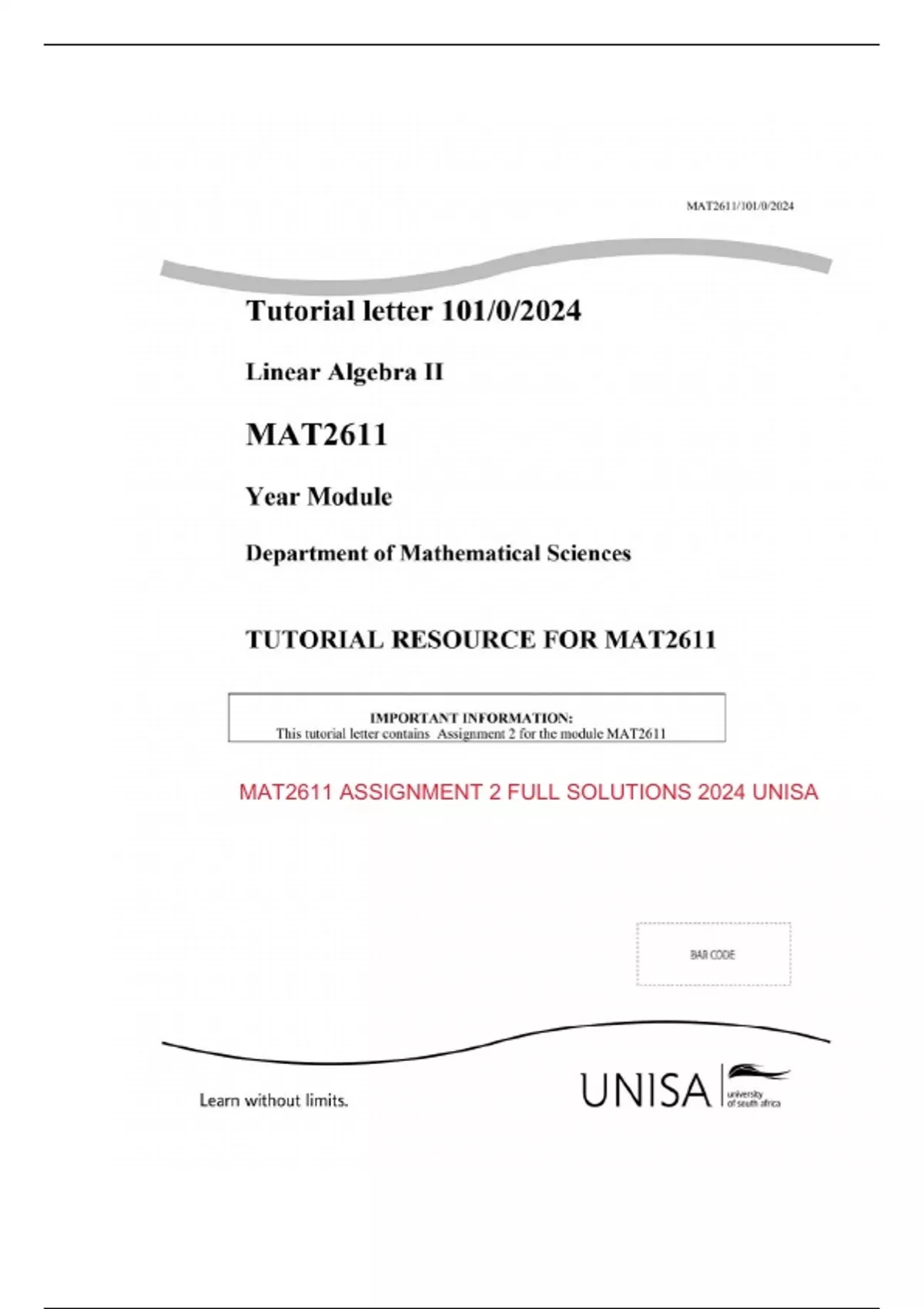 MAT2611 ASSIGNMENT 2 FULL SOLUTIONS 2024 UNISA MEMORANDUM - MAT2611 ...