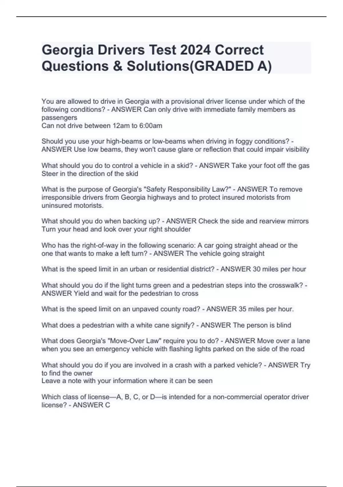 Georgia Drivers Test 2024 Correct Questions & Solutions(GRADED A ...