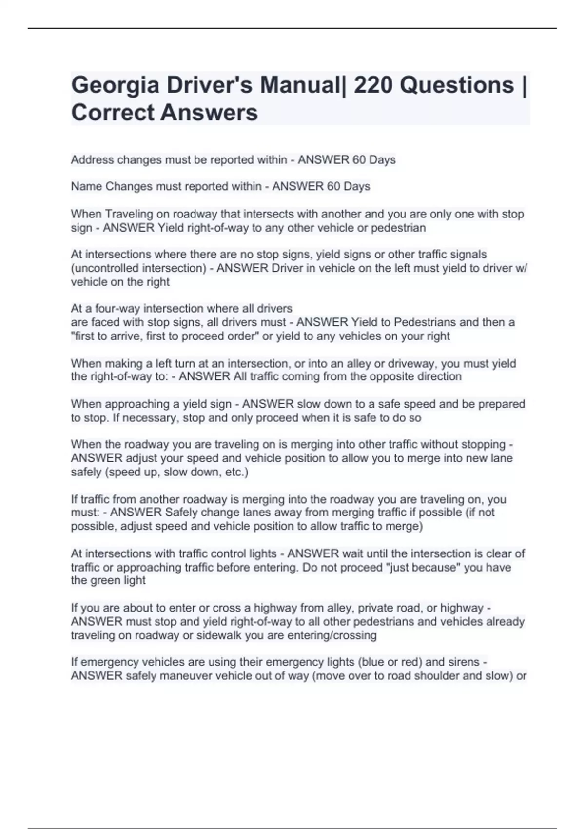 Georgia Driver's Manual| 220 Questions | Correct Answers - Georgia ...