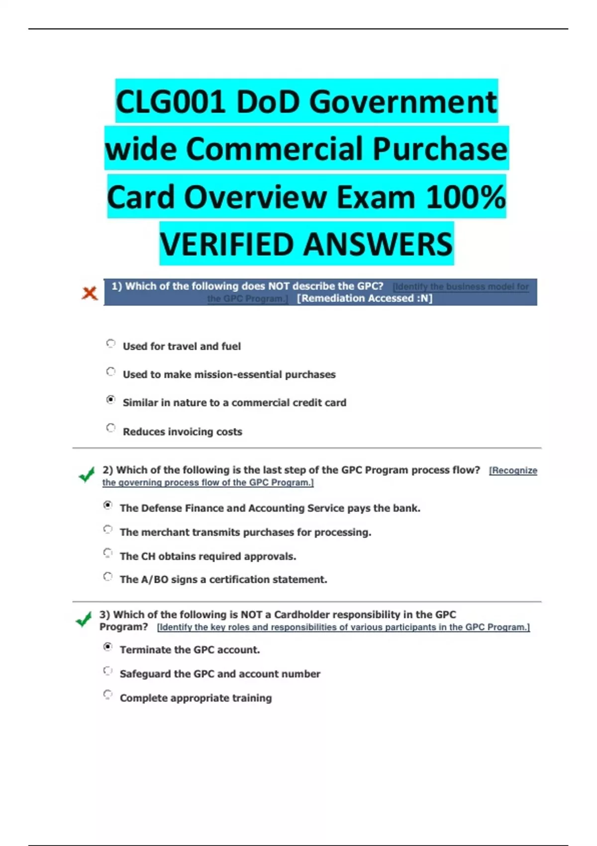 CLG001 DoD Government wide Commercial Purchase Card Overview Exam 100% ...