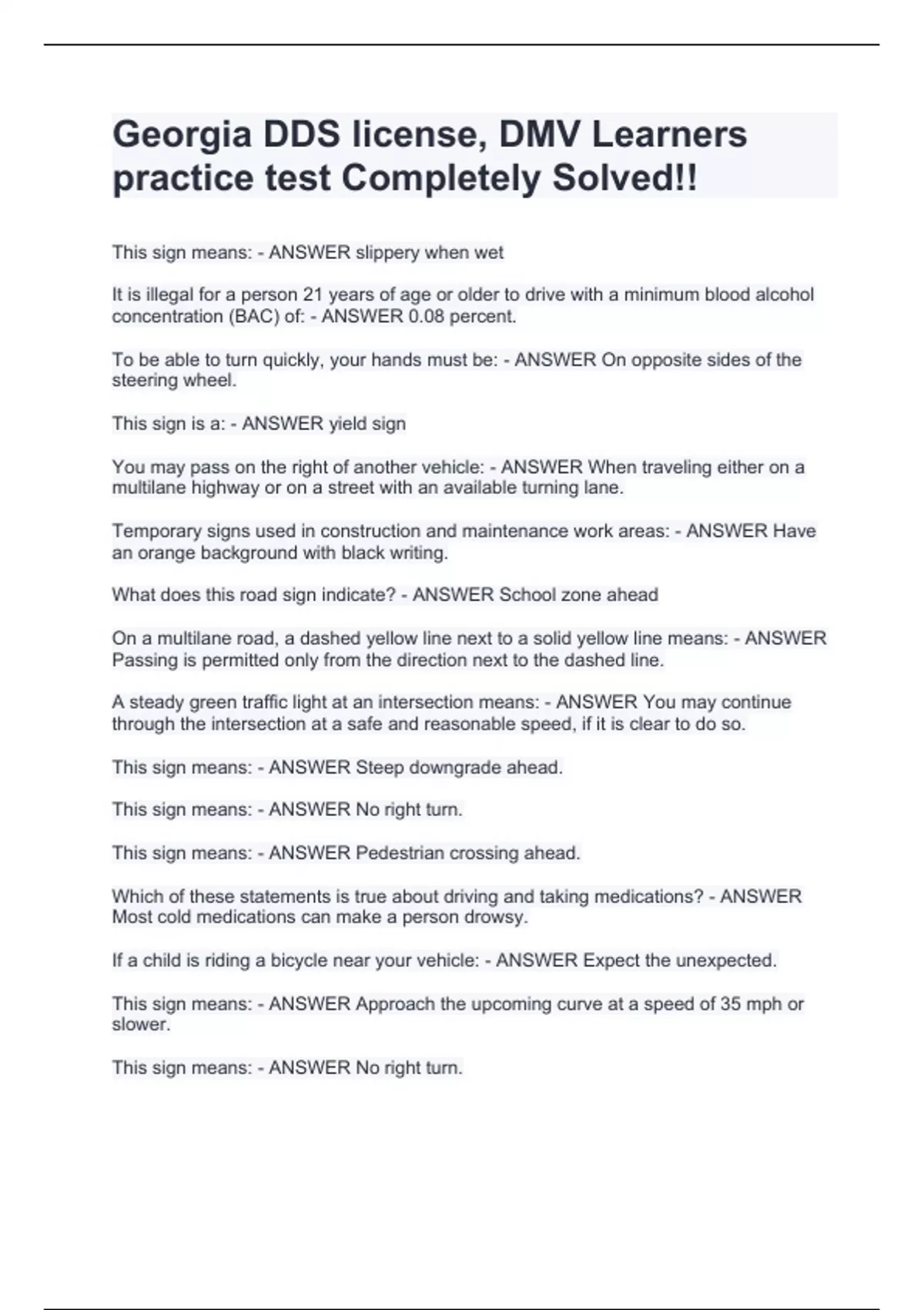 Georgia DDS license, DMV Learners practice test Completely Solved ...