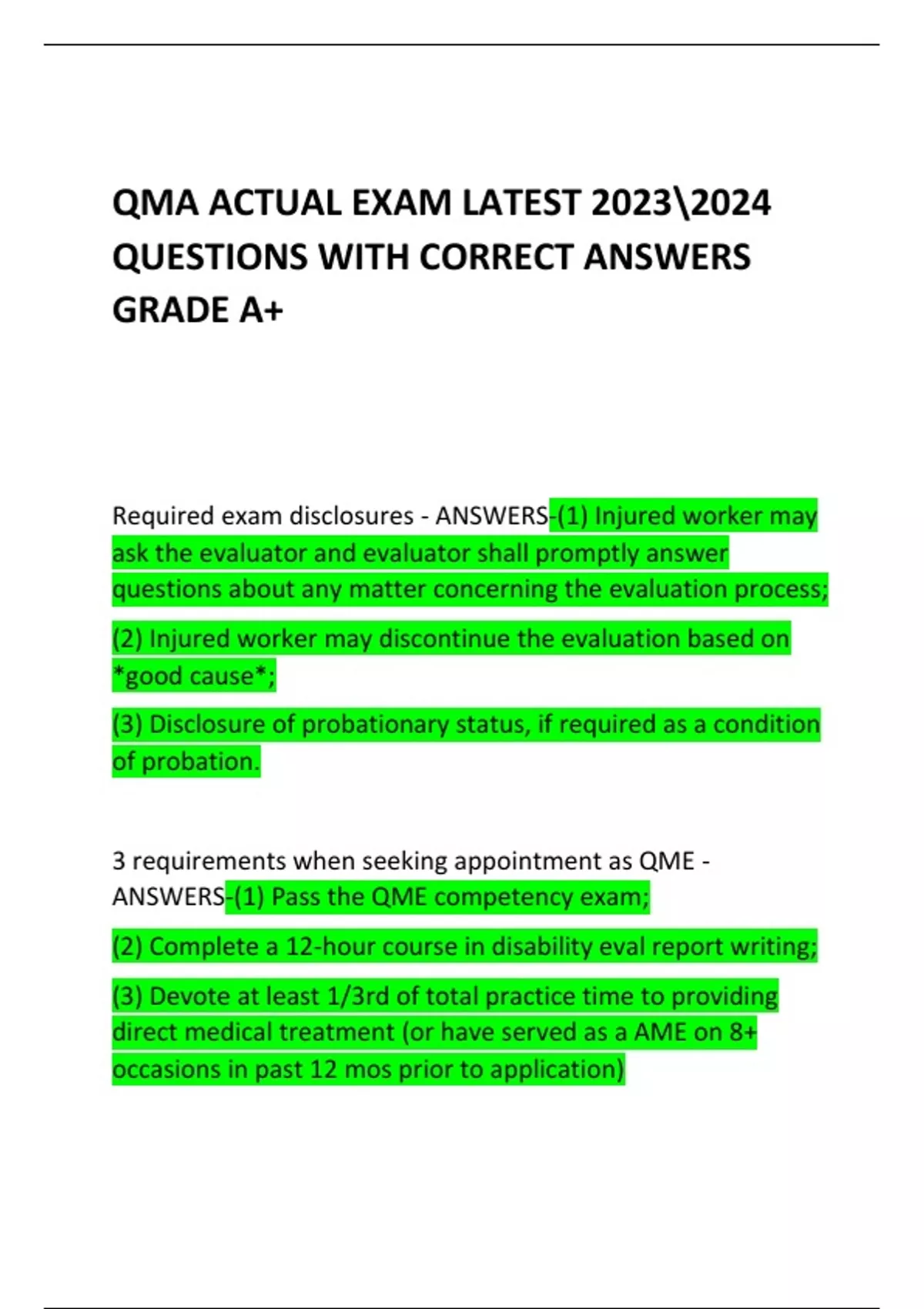 QMA ACTUAL EXAM LATEST QUESTIONS WITH CORRECT ANSWERS GRADE A+ - QMA ...