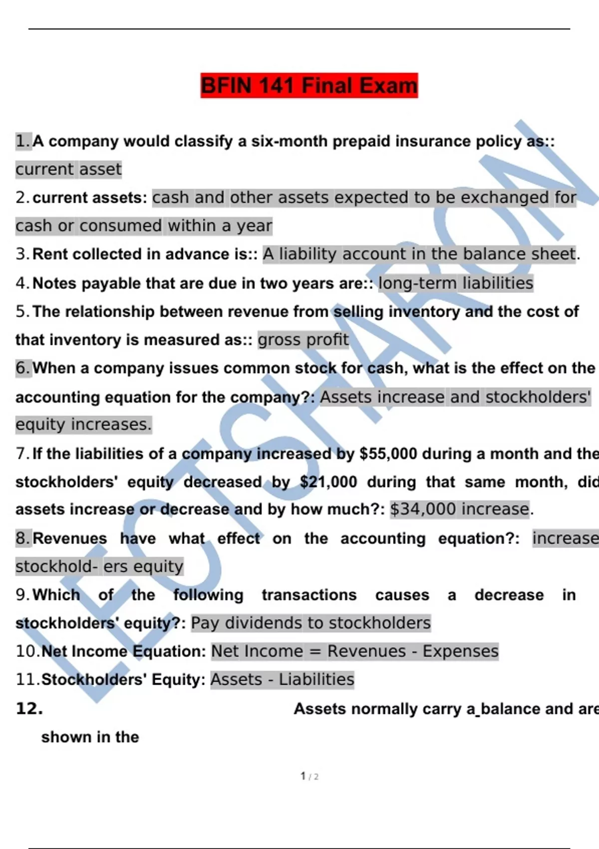 BFIN Final Exam 2024 Actual Questions and Answers Solved 100% - BFIN - Stuvia US
