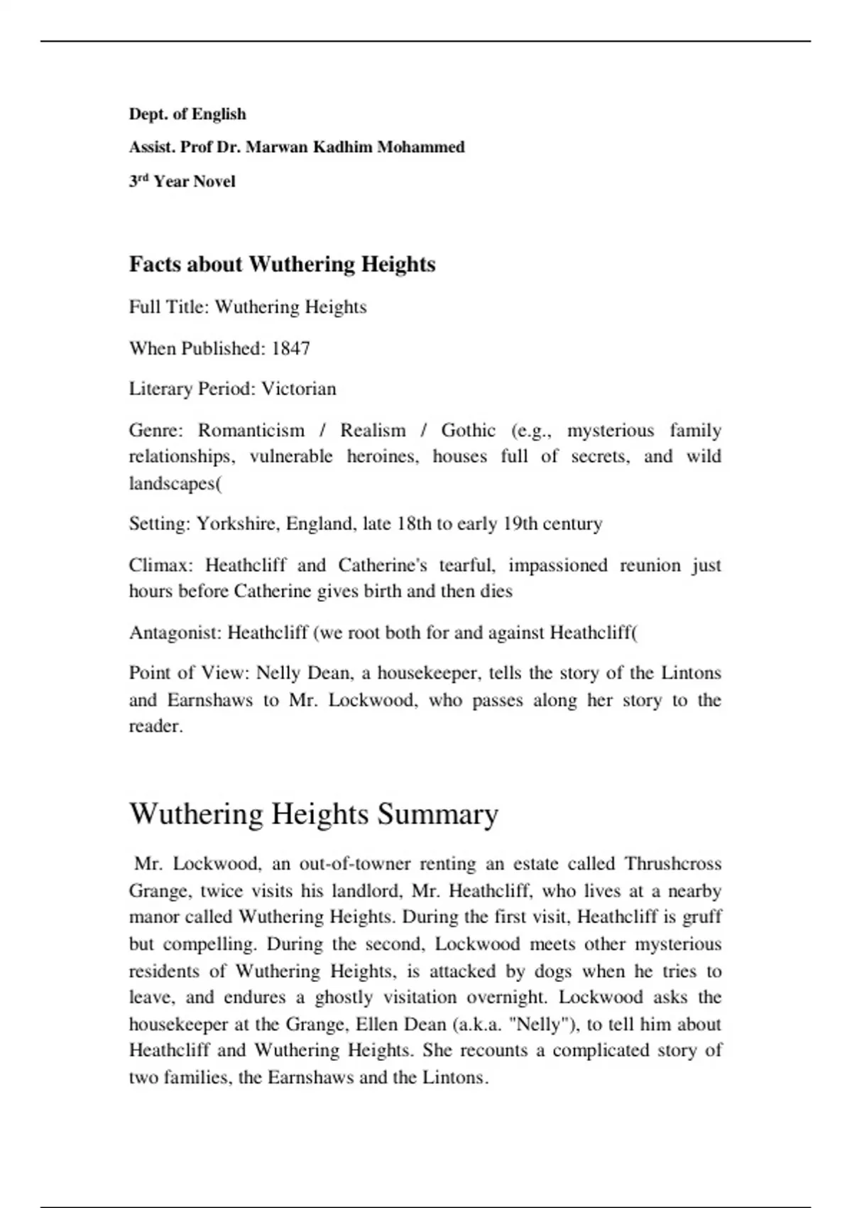 Summary of WUTHERING HEIGHTS - WAEC AND NECO - Stuvia US