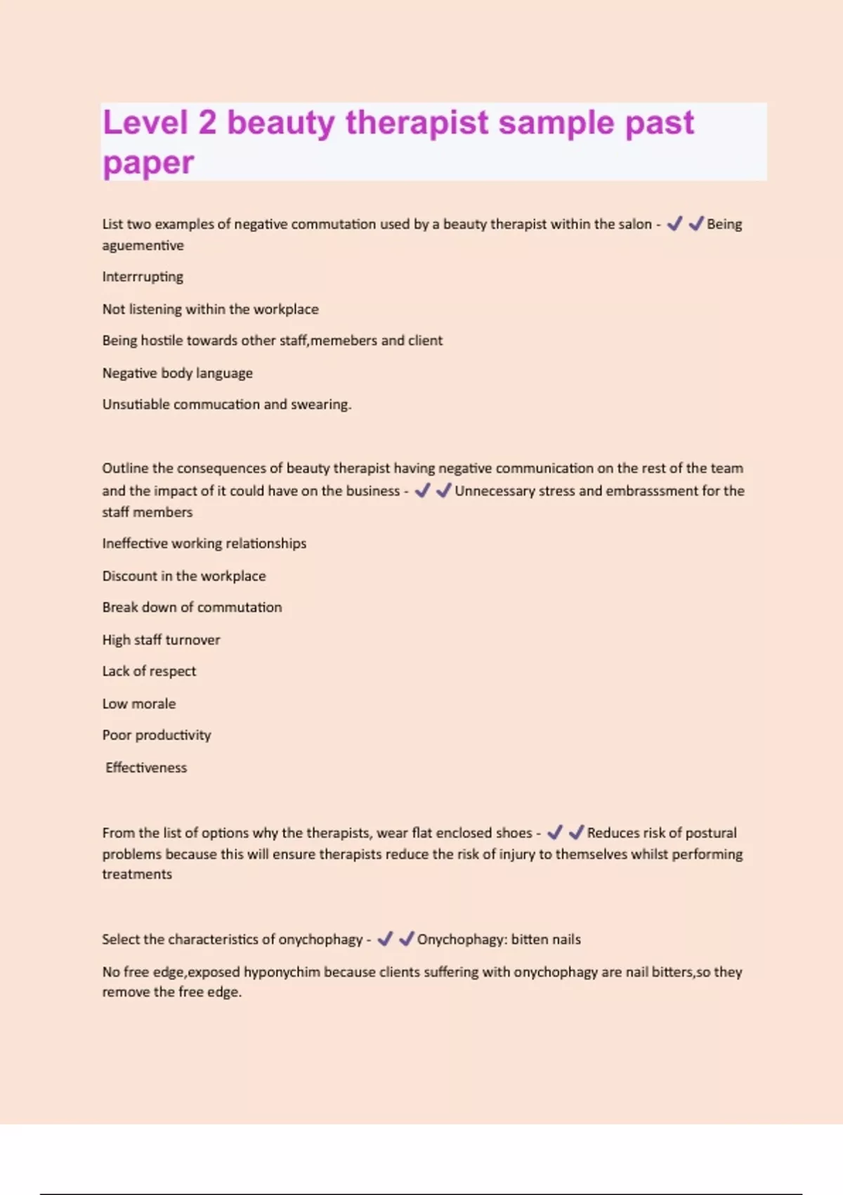 Level 2 beauty therapist sample past paper (Questions + Answers ...