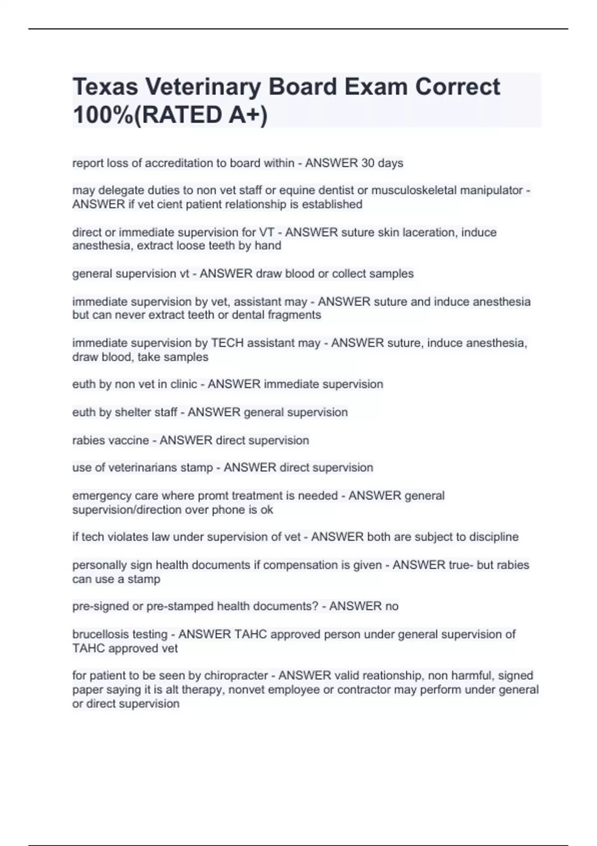 Texas Veterinary Board Exam Correct 100%(RATED A+) - Texas Veterinary ...