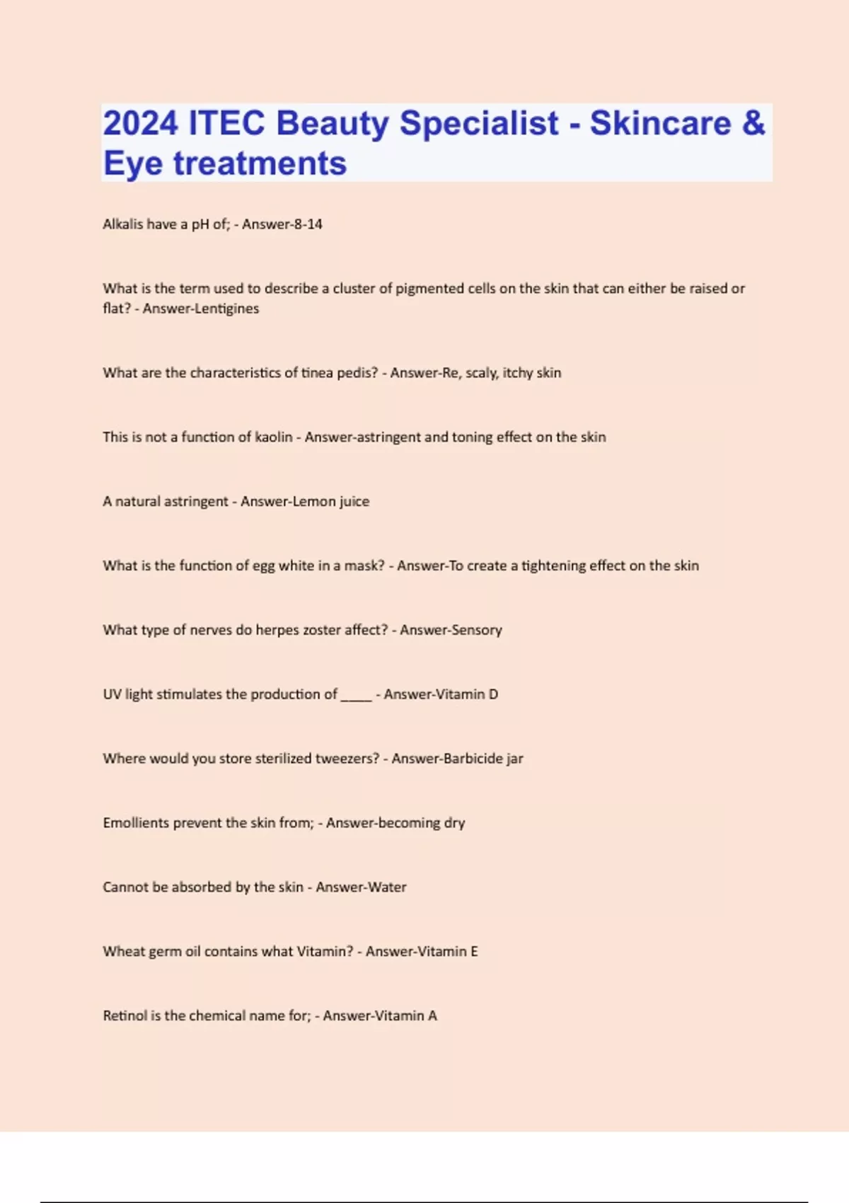 2024 ITEC Beauty Specialist - Skincare & Eye treatments (Questions ...