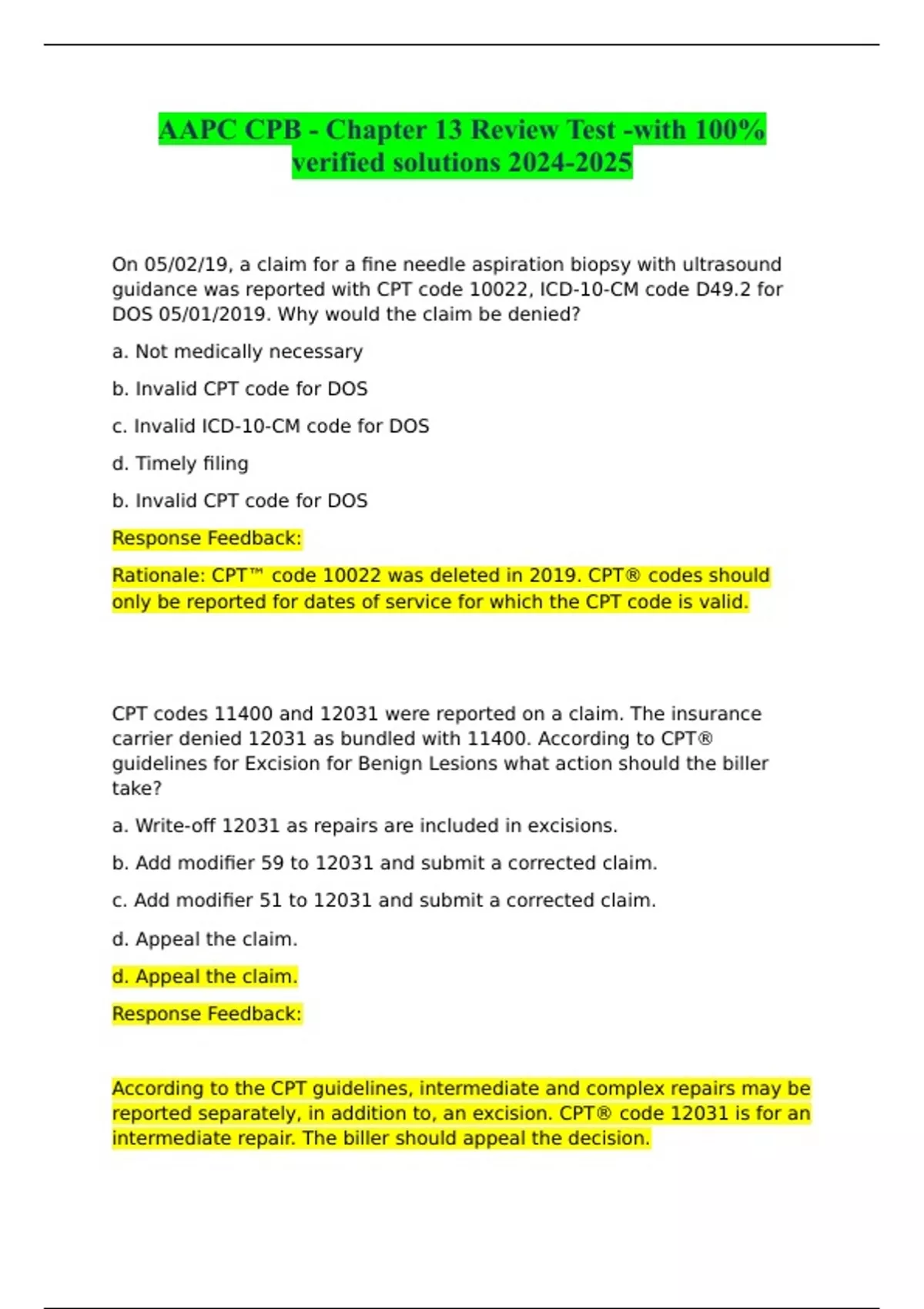 AAPC CPB - Chapter 13 Review Test -with 100% verified solutions - AAPC ...