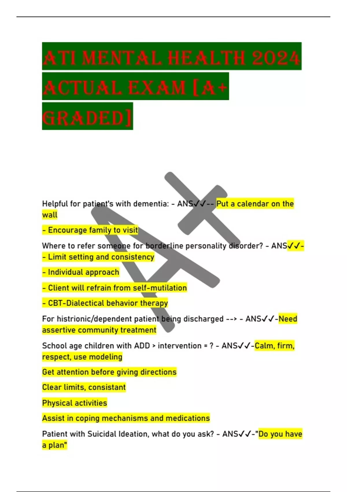 ATI MENTAL HEALTH 2024 ACTUAL EXAM [A+ GRADED] - ATI MENTAL HEALTH 2024 ...