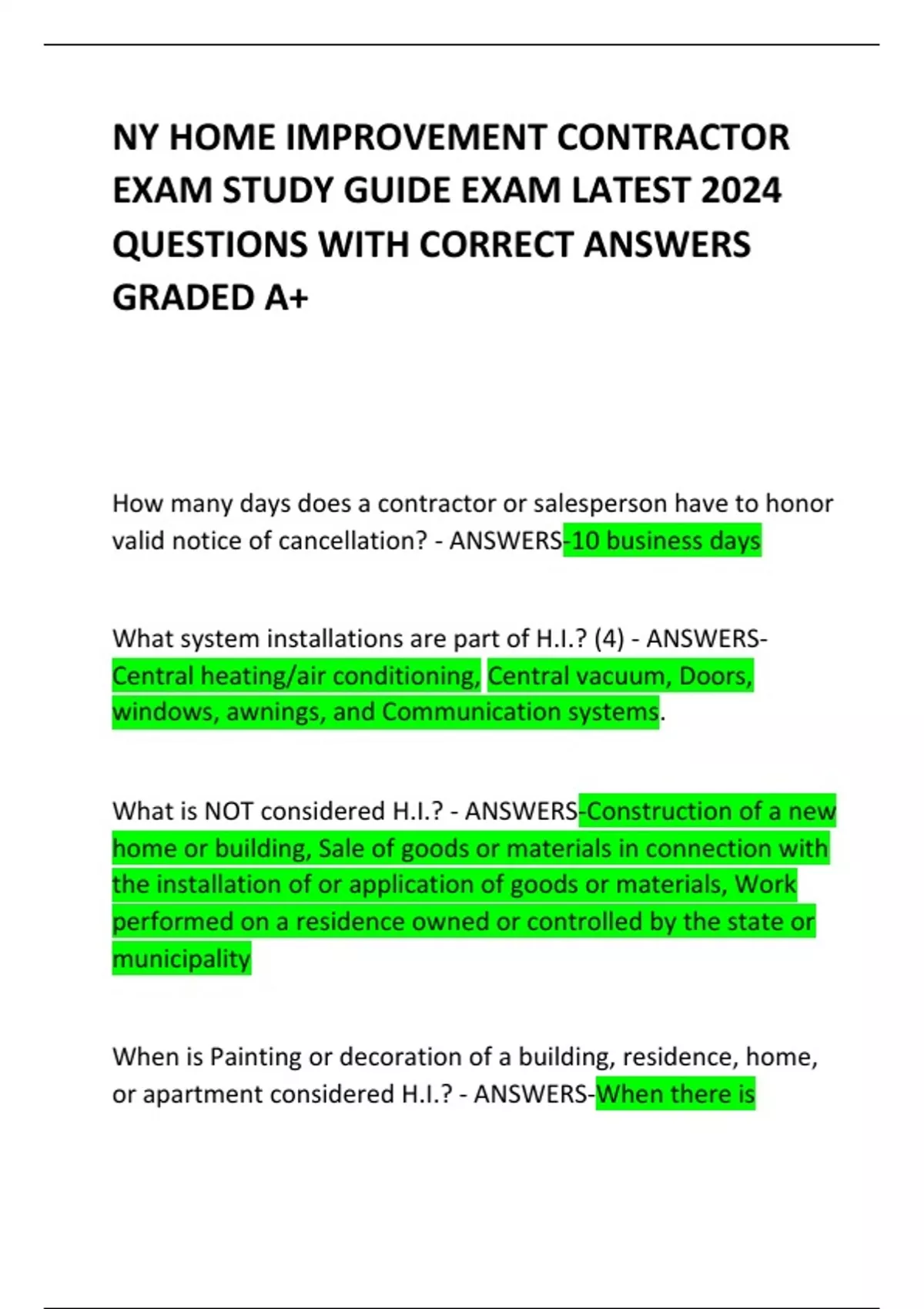 NY HOME IMPROVEMENT CONTRACTOR EXAM STUDY GUIDE EXAM LATEST 2024 ...