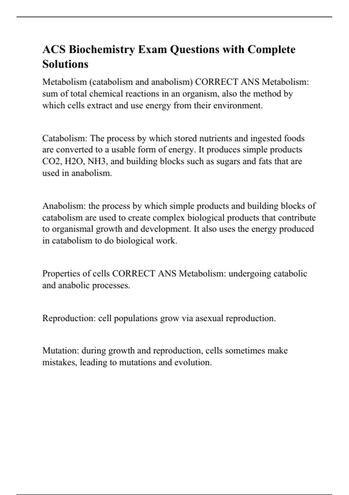 ACS Biochemistry Exam Questions with Complete Solution - Biochemistry ...