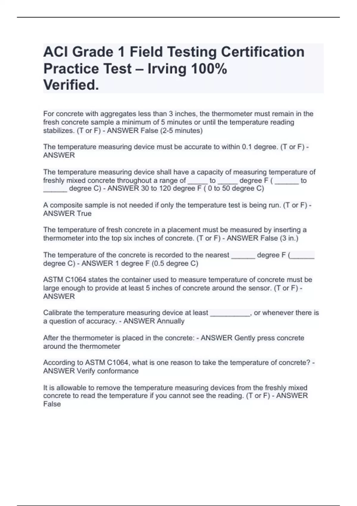 ACI Grade 1 Field Testing Certification Practice Test – Irving 100% ...