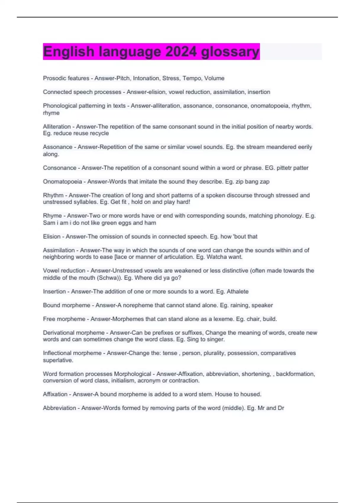 English language 2024 glossary with complete answers - English language 2024 glossary - Stuvia US