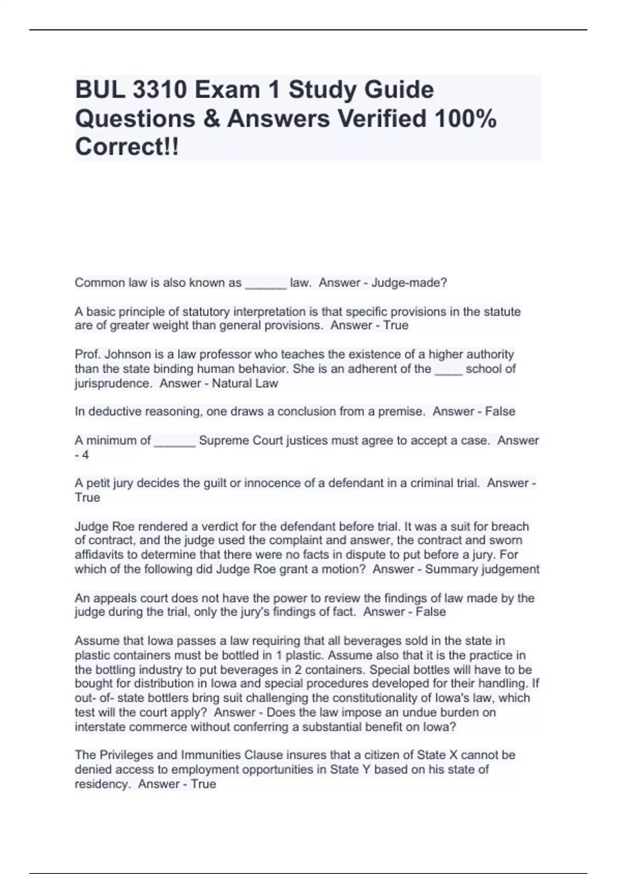 BUL 3310 Exam 1 Study Guide Questions & Answers Verified 100% Correct ...