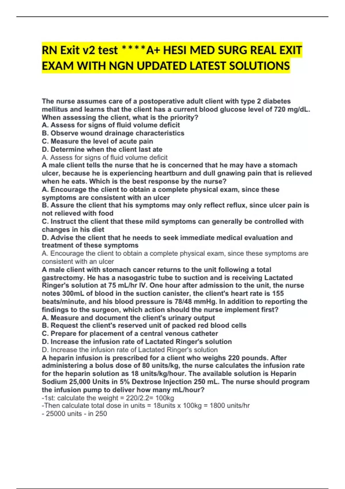RN Exit v2 test ****A+ HESI MED SURG REAL EXIT EXAM WITH NGN UPDATED ...
