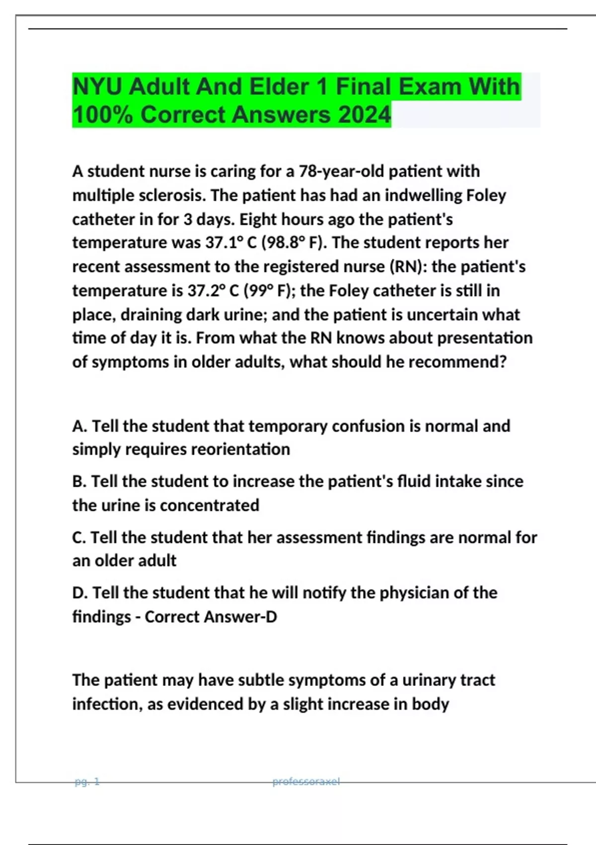 NYU Adult And Elder 1 Final Exam With 100% Correct Answers 2024 - NYU ...
