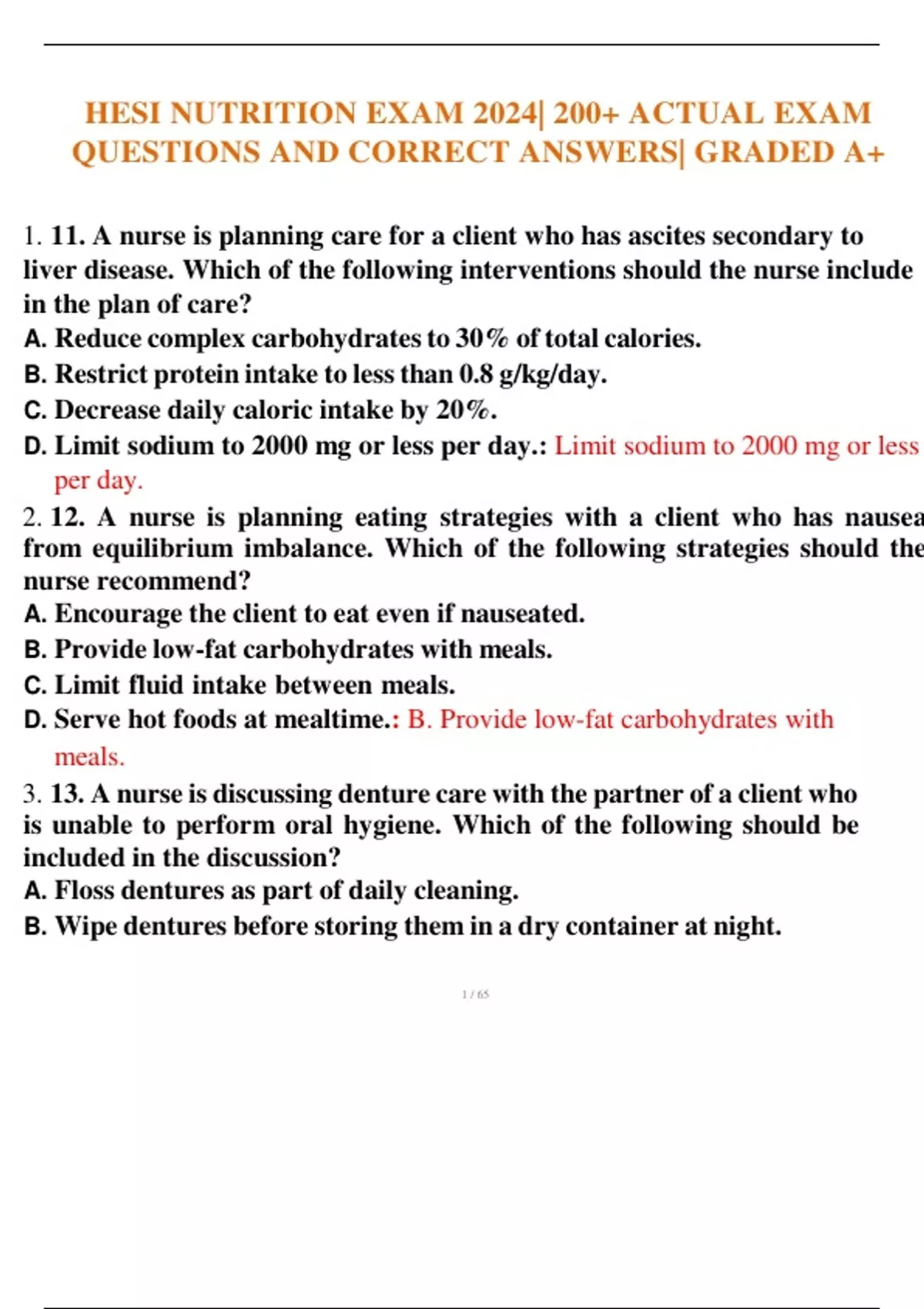 HESI NUTRITION EXAM 2024| 200+ ACTUAL EXAM QUESTIONS AND CORRECT ...
