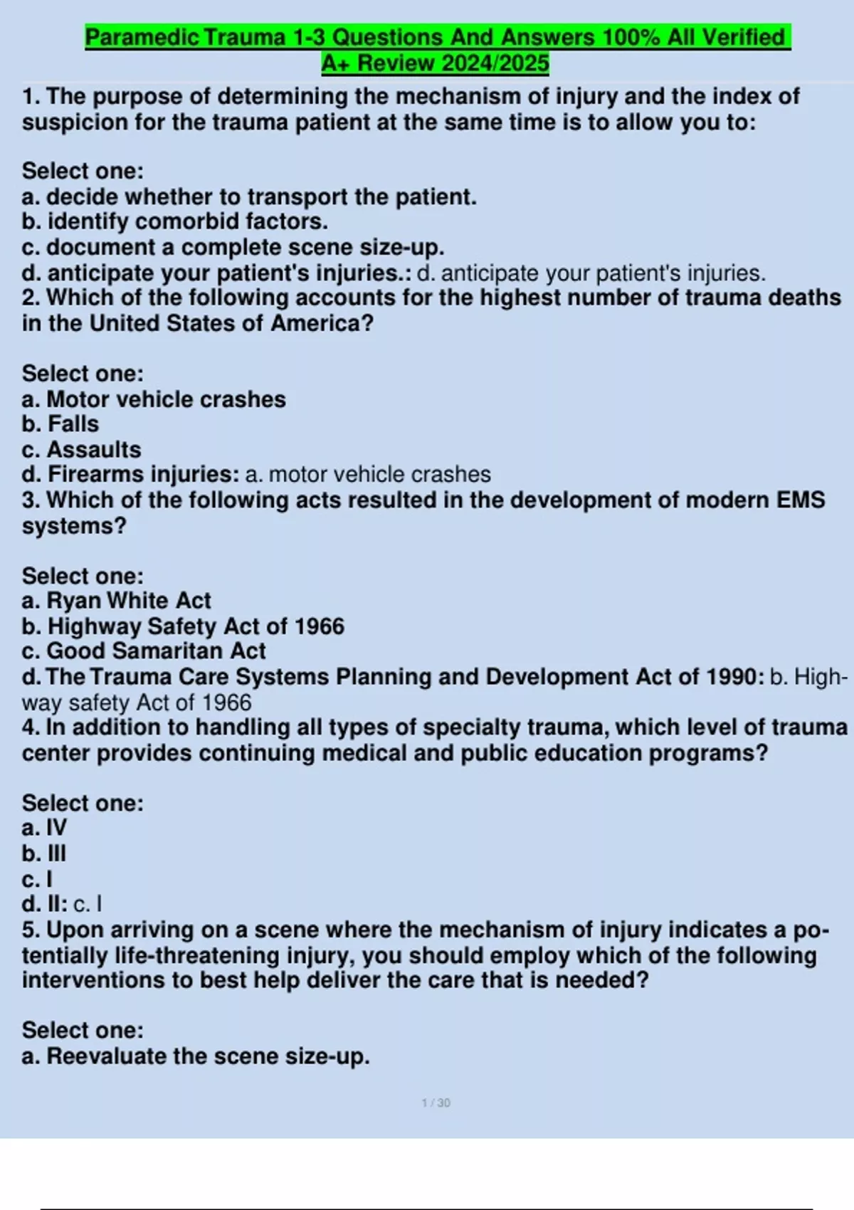Paramedic Trauma 1-3 Questions And Answers 100% All Verified A+ Review ...