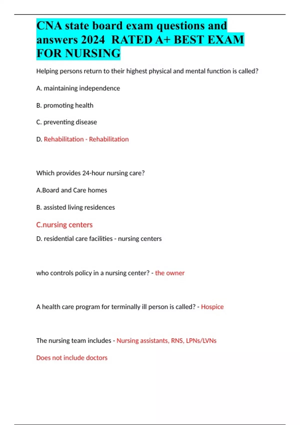CNA state board exam questions and answers 2024 RATED A+ BEST EXAM FOR ...