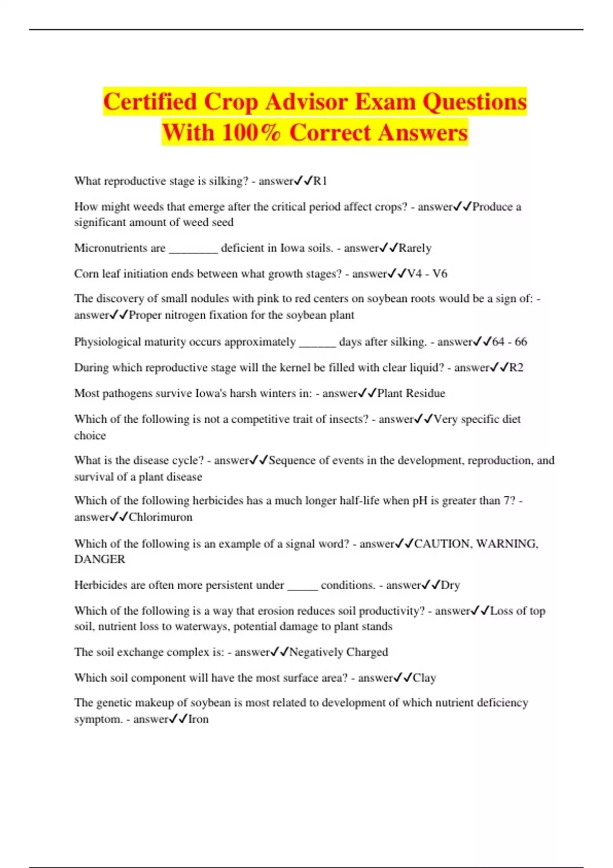 Certified Crop Advisor Exam Questions With 100% Correct Answers ...