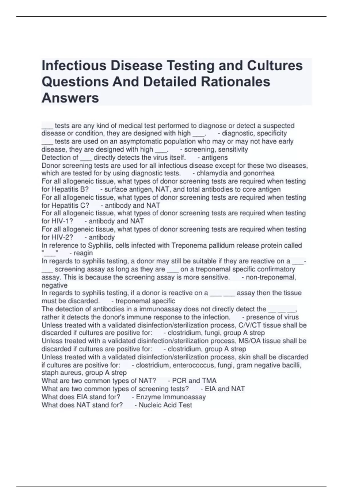 Infectious Disease Testing and Cultures - CTBS Exam Practice 2020 ...