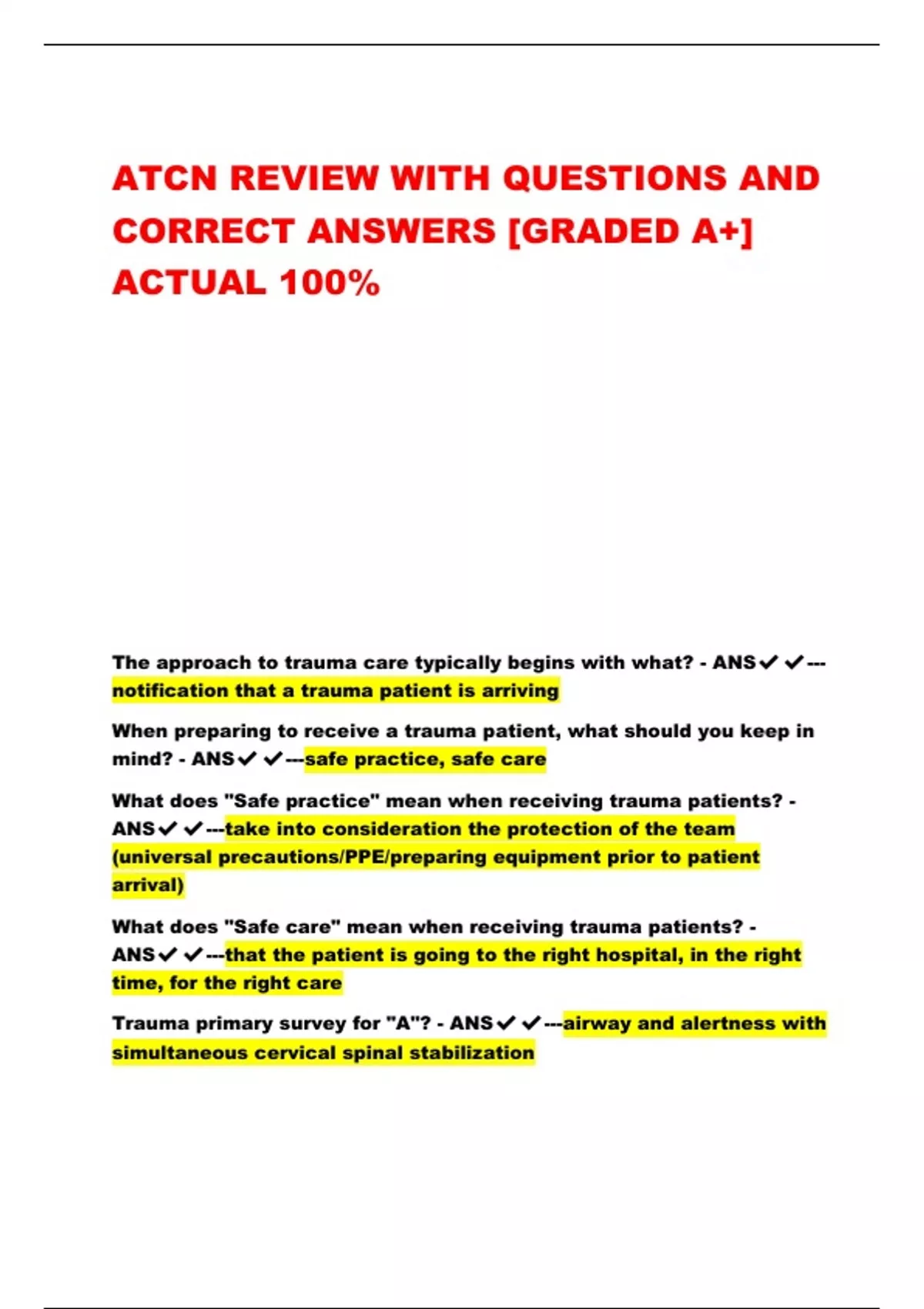 ATCN REVIEW WITH QUESTIONS AND CORRECT ANSWERS GRADED A ACTUAL 100 