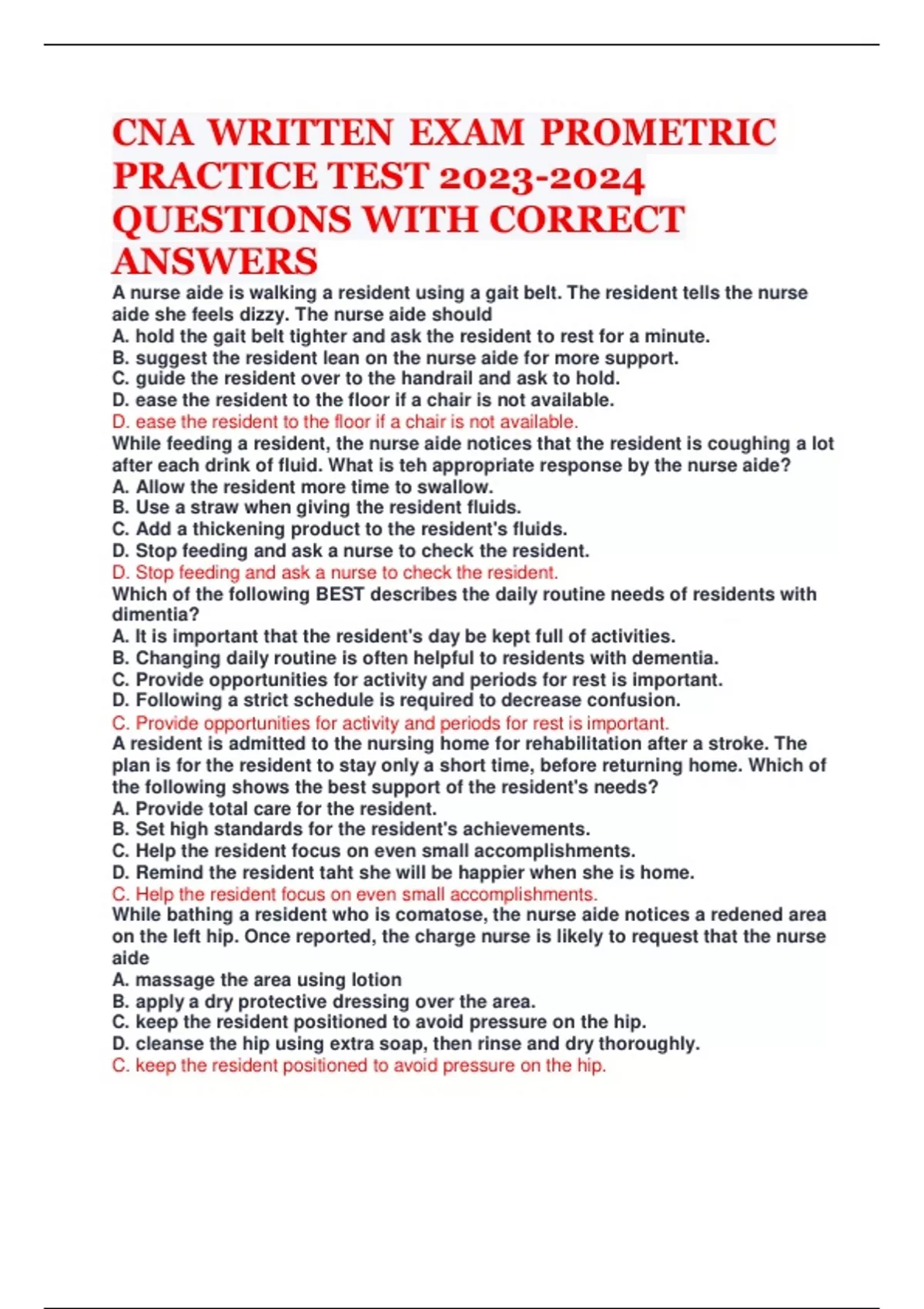 CNA WRITTEN EXAM PROMETRIC PRACTICE TEST QUESTIONS WITH CORRECT ANSWERS ...