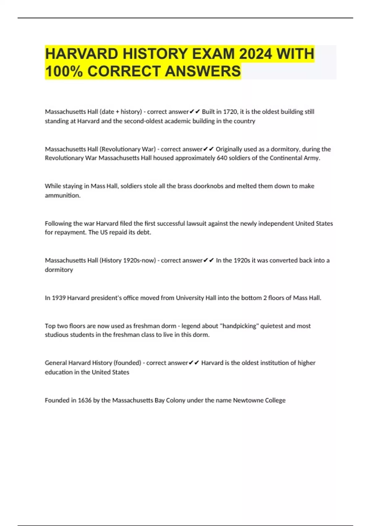 HARVARD HISTORY EXAM 2024 WITH 100% CORRECT ANSWERS - HARVARD HISTORY E ...