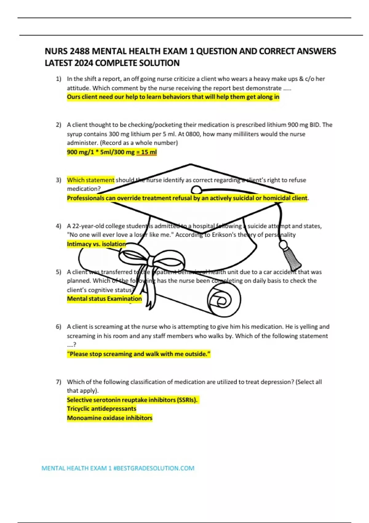 NURS 2488 MENTAL HEALTH EXAM 1 QUESTION AND CORRECT ANSWERS LATEST 2024 ...