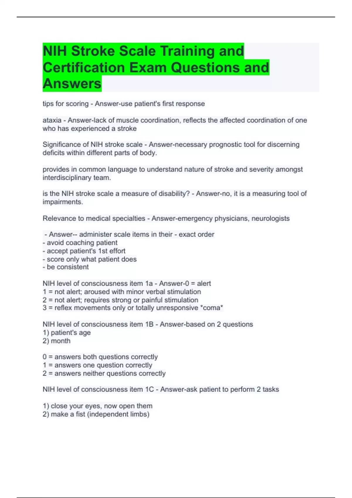 NIH Stroke Scale Training and Certification Exam Questions and Answers ...