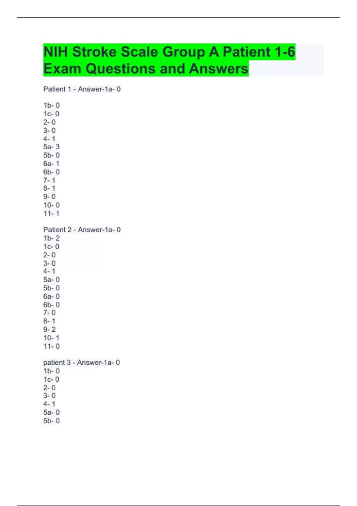 NIH Stroke Scale Group A Patient 1-6 Exam Questions and Answers - NIH ...