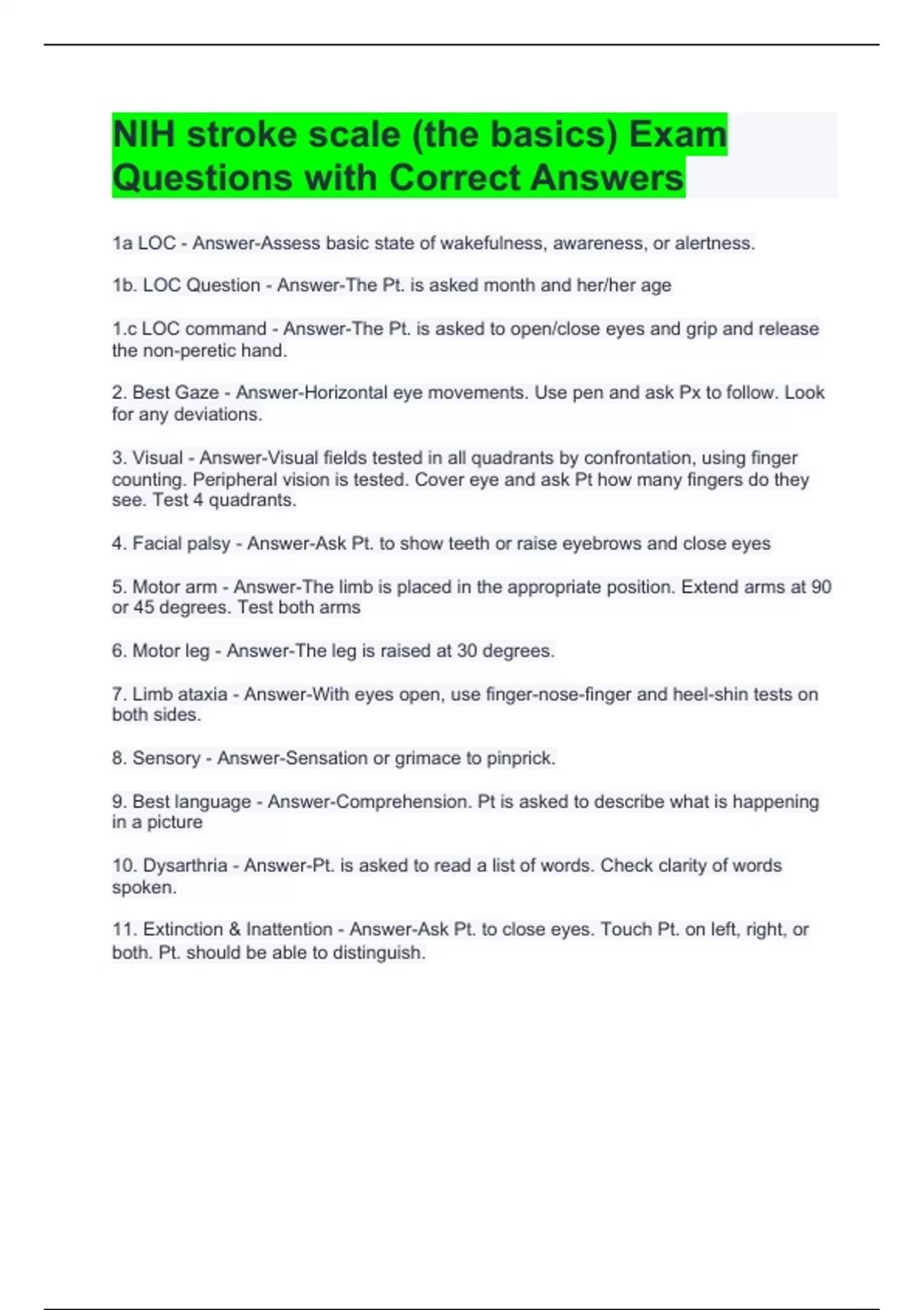 NIH stroke scale (the basics) Exam Questions with Correct Answers - NIH ...