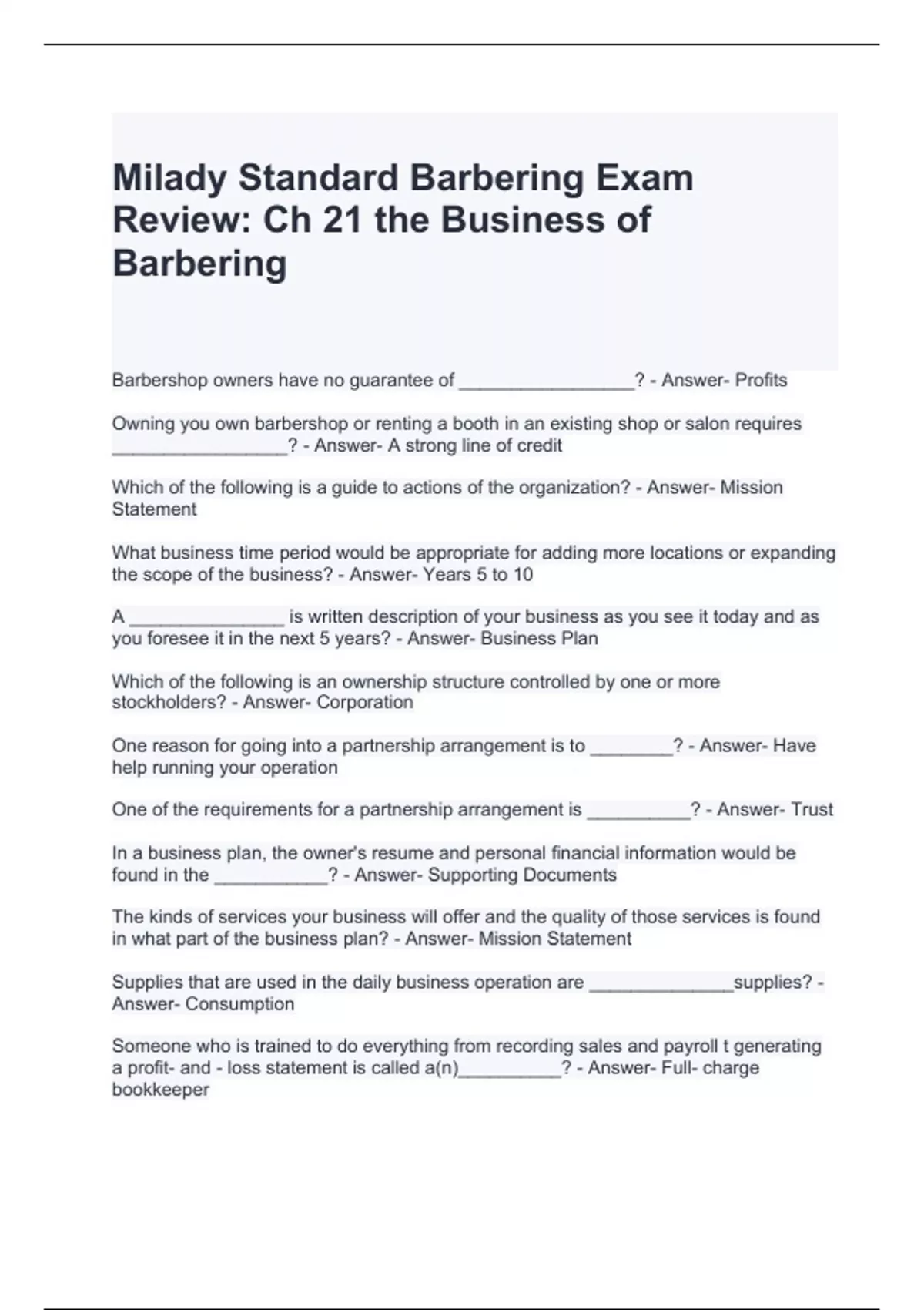 Milady Standard Barbering Exam Review Ch 21 the Business of Barbering ...