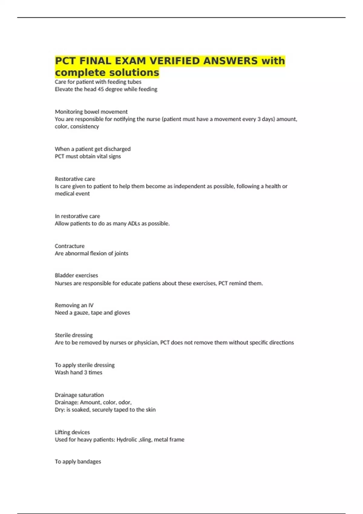 PCT FINAL EXAM VERIFIED ANSWERS with complete solutions - PCT - Stuvia US