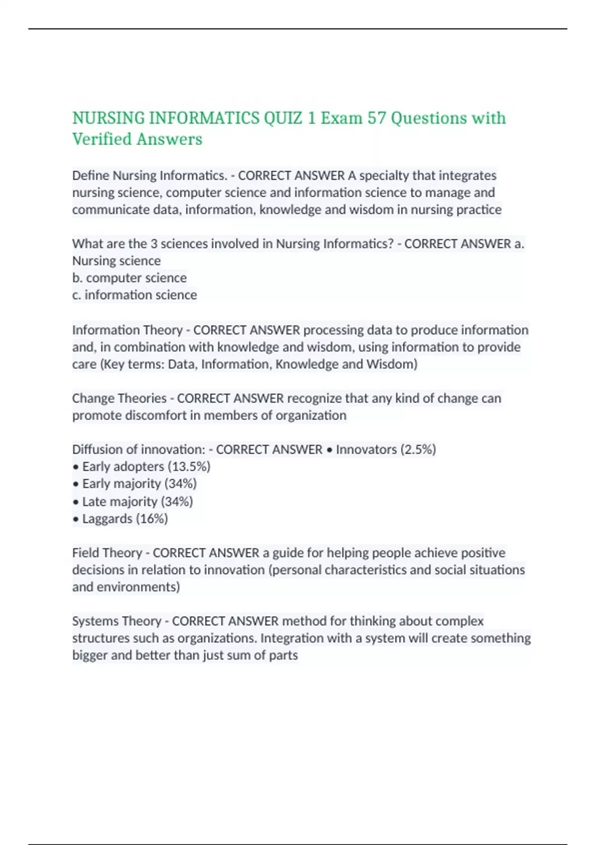 NURSING INFORMATICS QUIZ 1 Exam 57 Questions with Verified Answers,100% ...