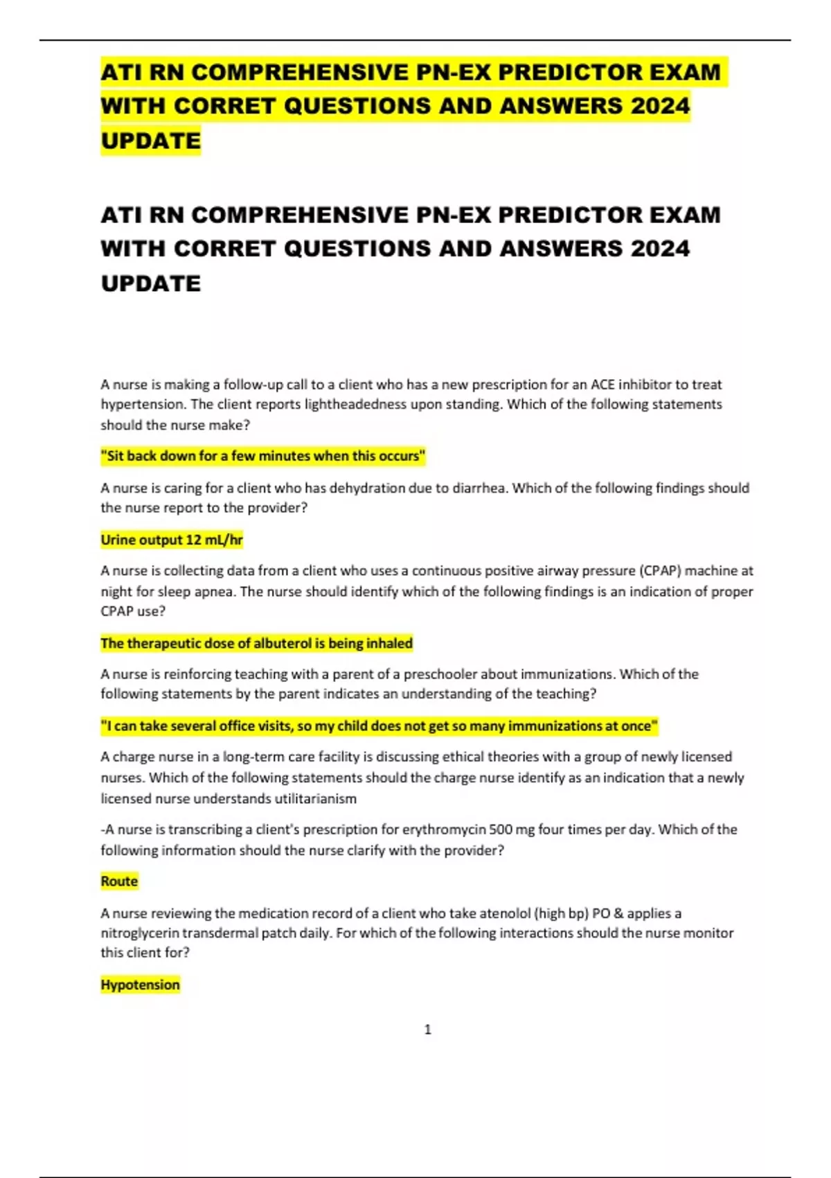 ATI RN COMPREHENSIVE PN-EX PREDICTOR EXAM WITH CORRET QUESTIONS AND ...