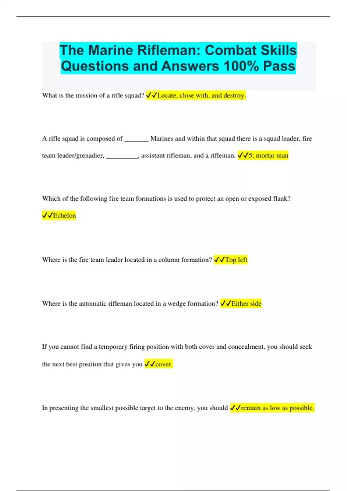 The Marine Rifleman: Combat Skills Questions and Answers 100% Pass ...