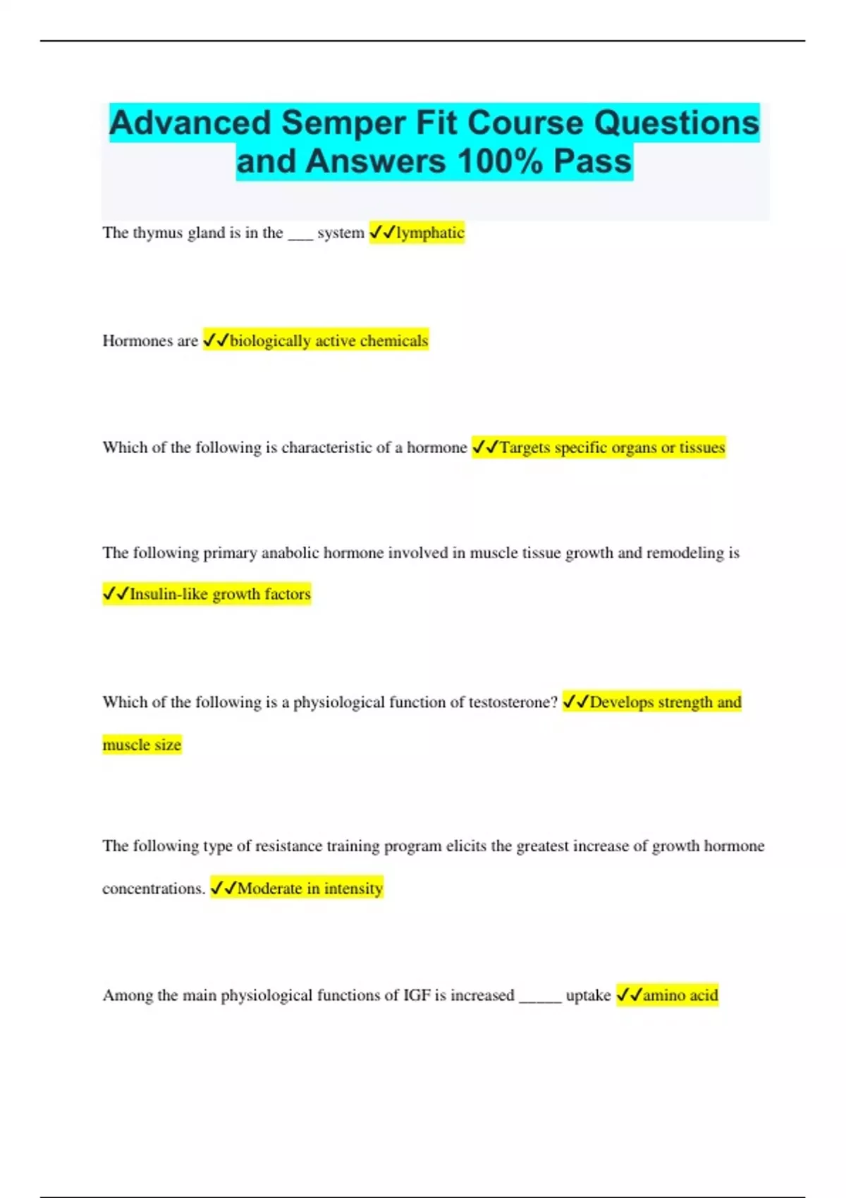 Advanced Semper Fit Course Questions and Answers 100% Pass - Advanced ...