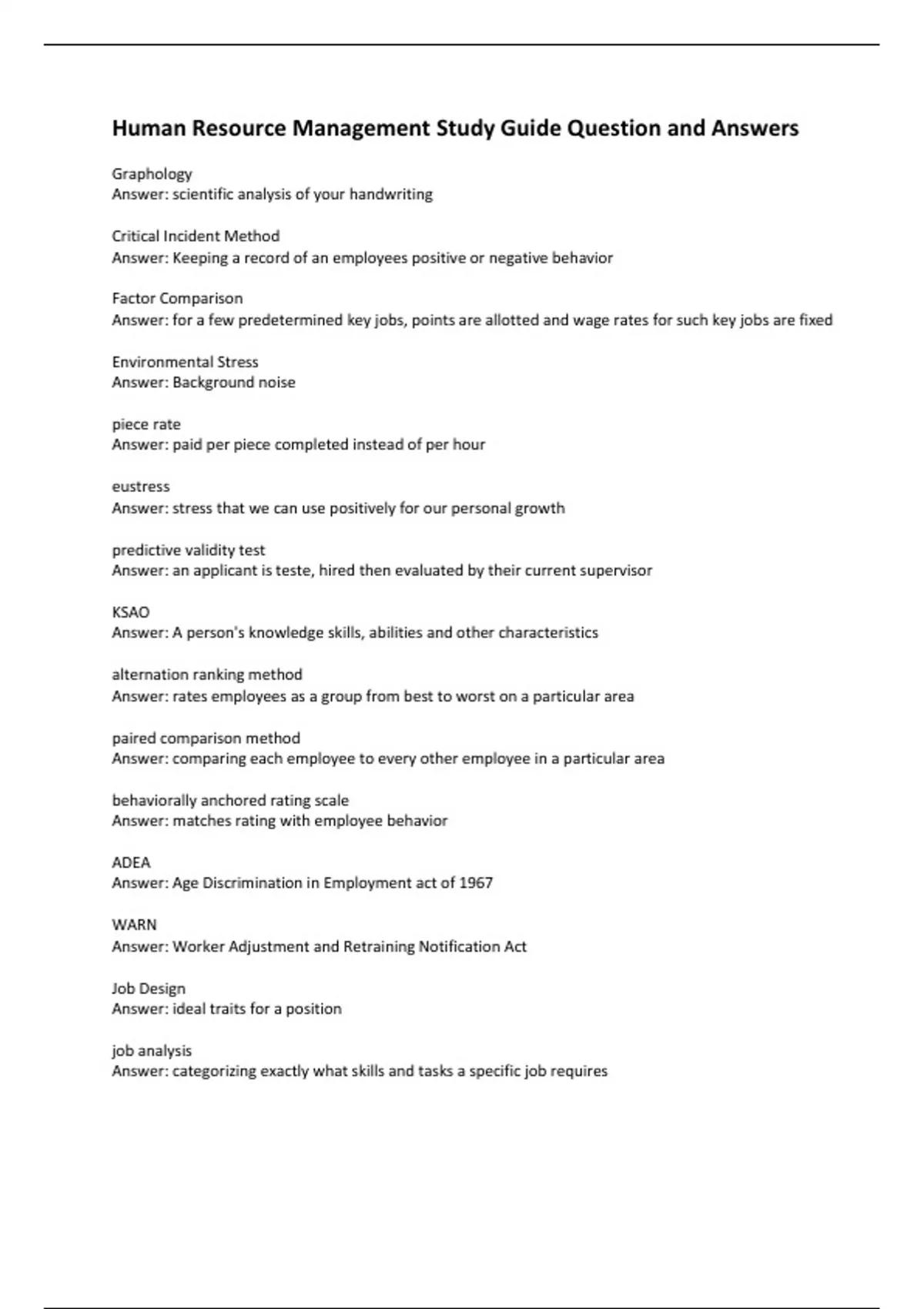 Human Resource Management Study Guide Question and Answers - Human ...