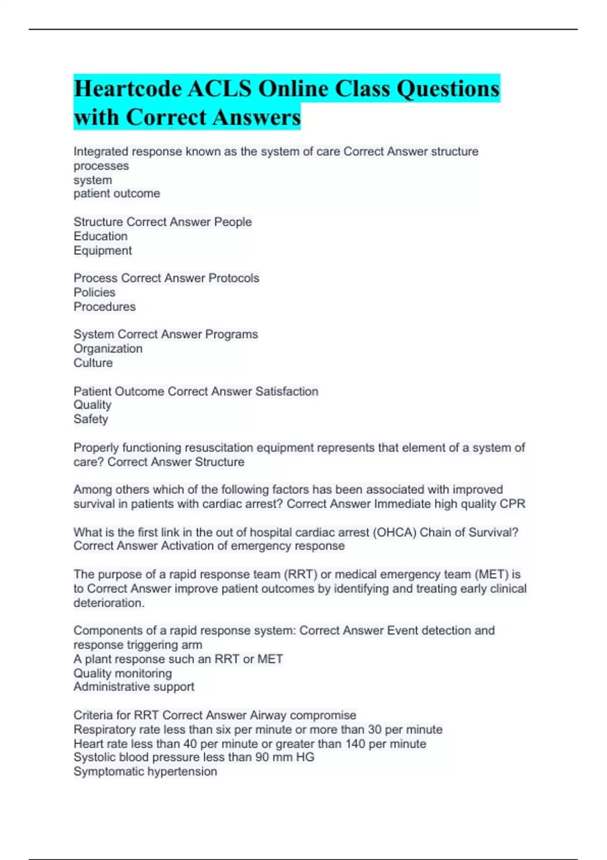 Heartcode ACLS Online Class Questions with Correct Answers Bundled ...