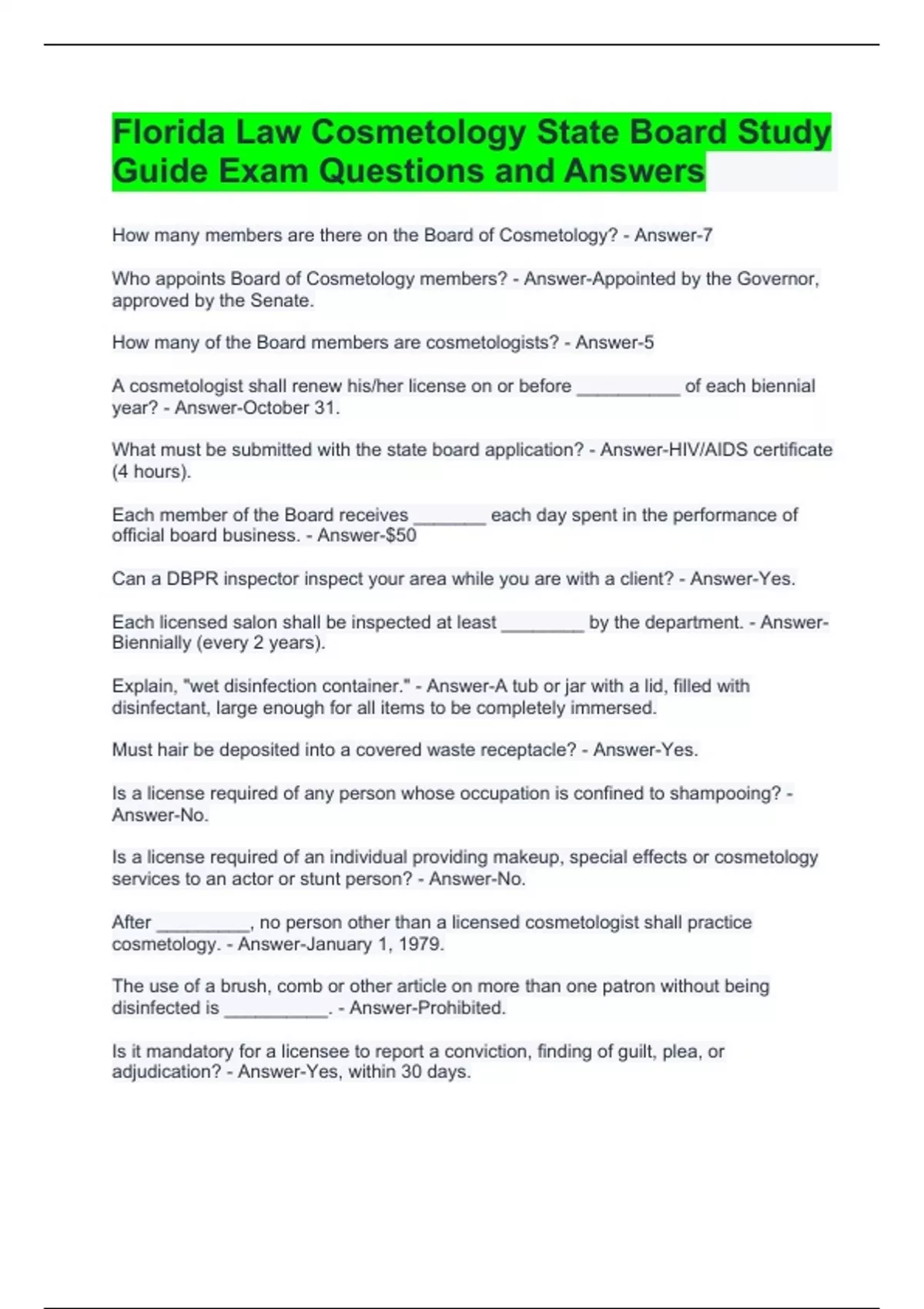 Florida Law Cosmetology State Board Study Guide Exam Questions and ...