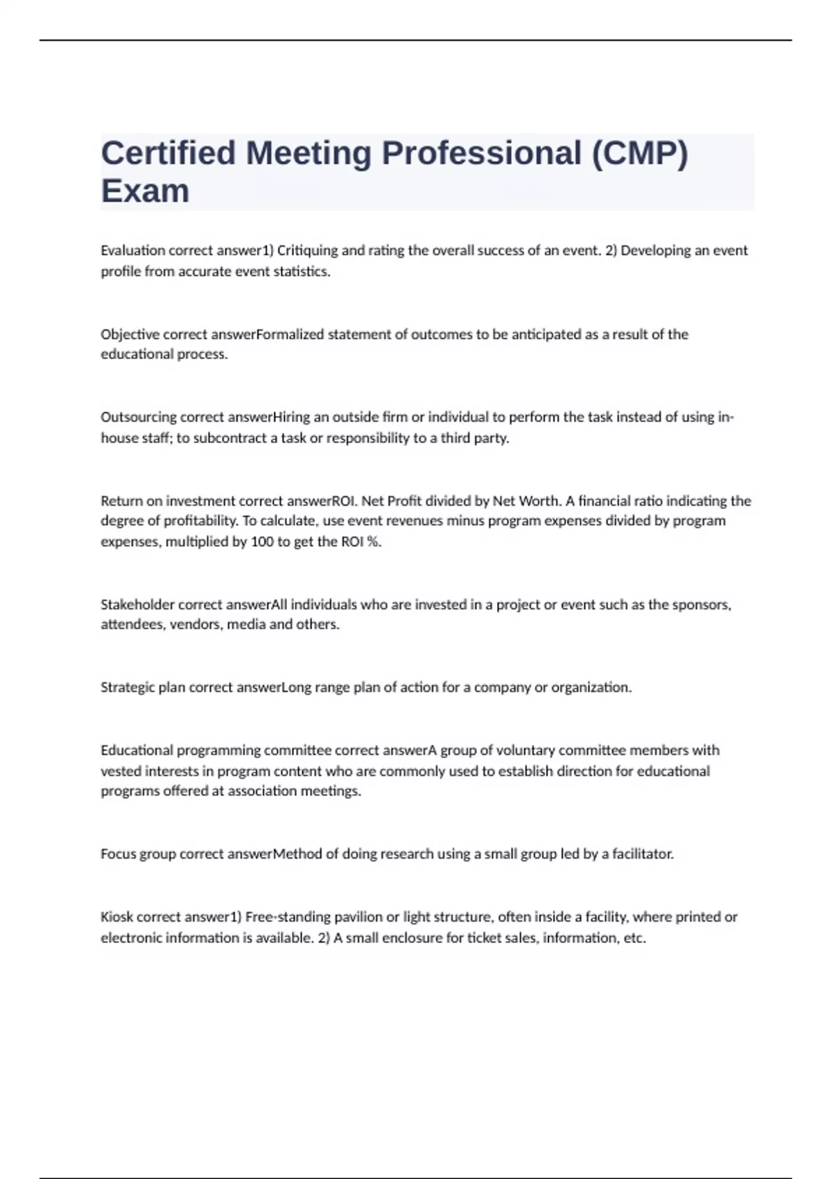 Certified Meeting Professional (CMP) Exam with 100% Correct Answers ...