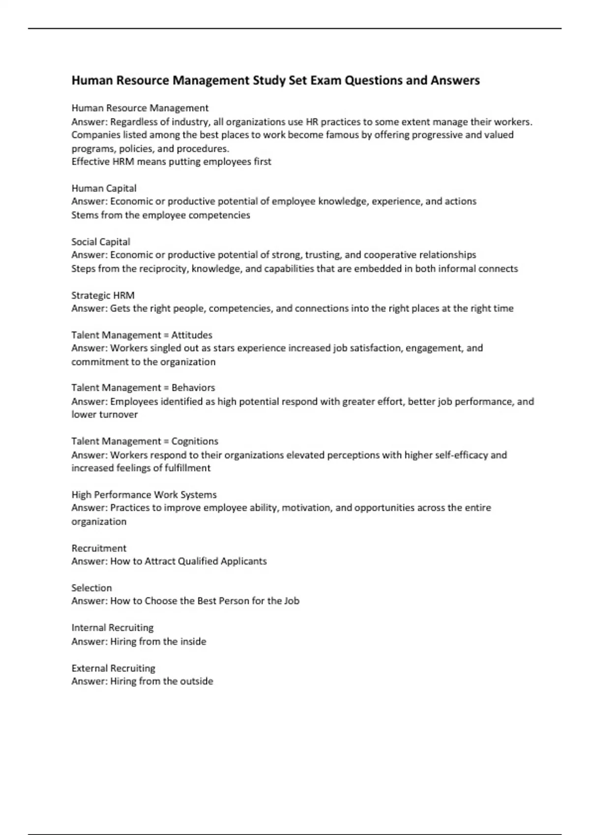 Human Resource Management Study Set Exam Questions and Answers - Human ...