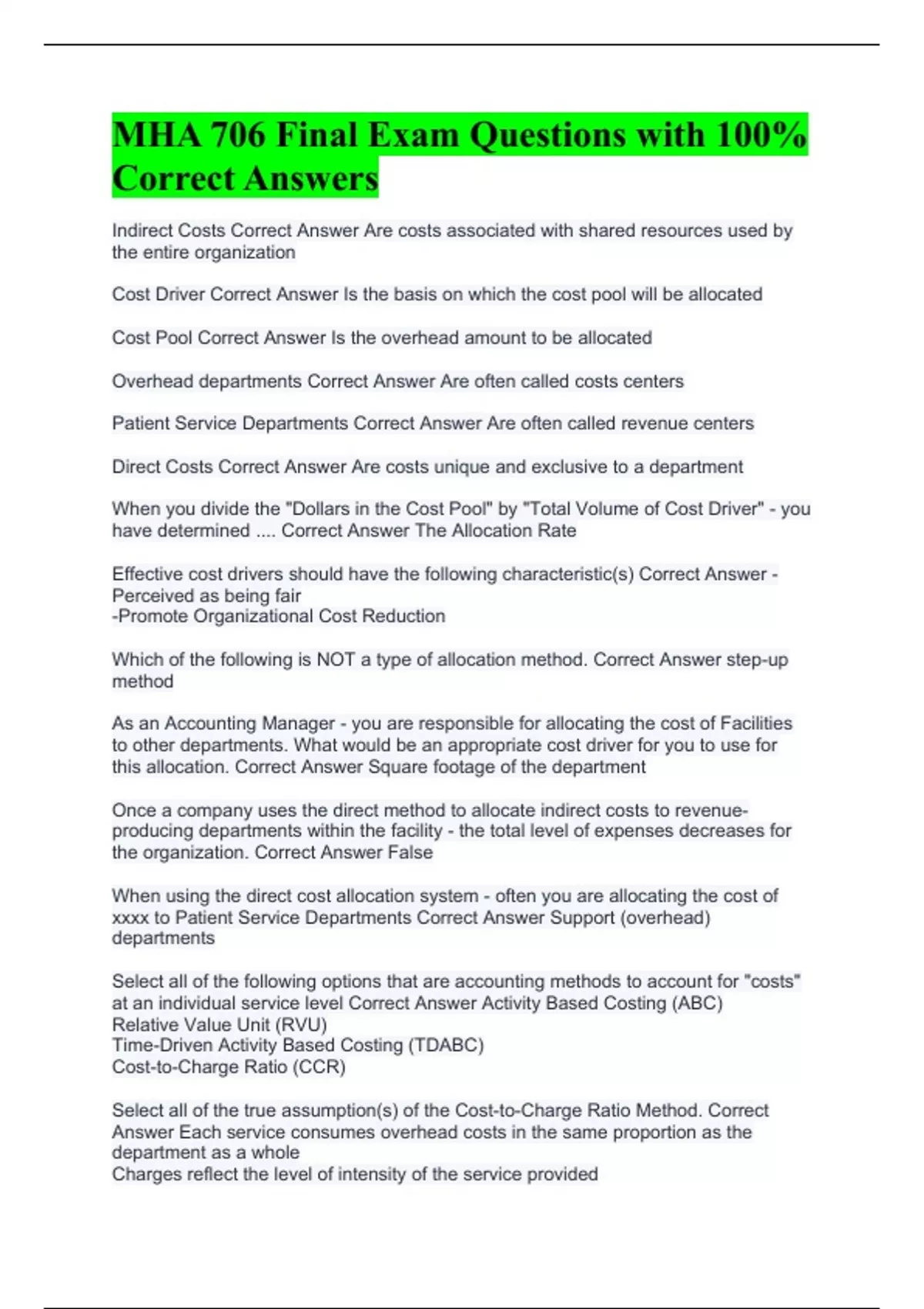 MHA 706 Final Exam Questions with 100% Correct Answers - MHA 706 ...